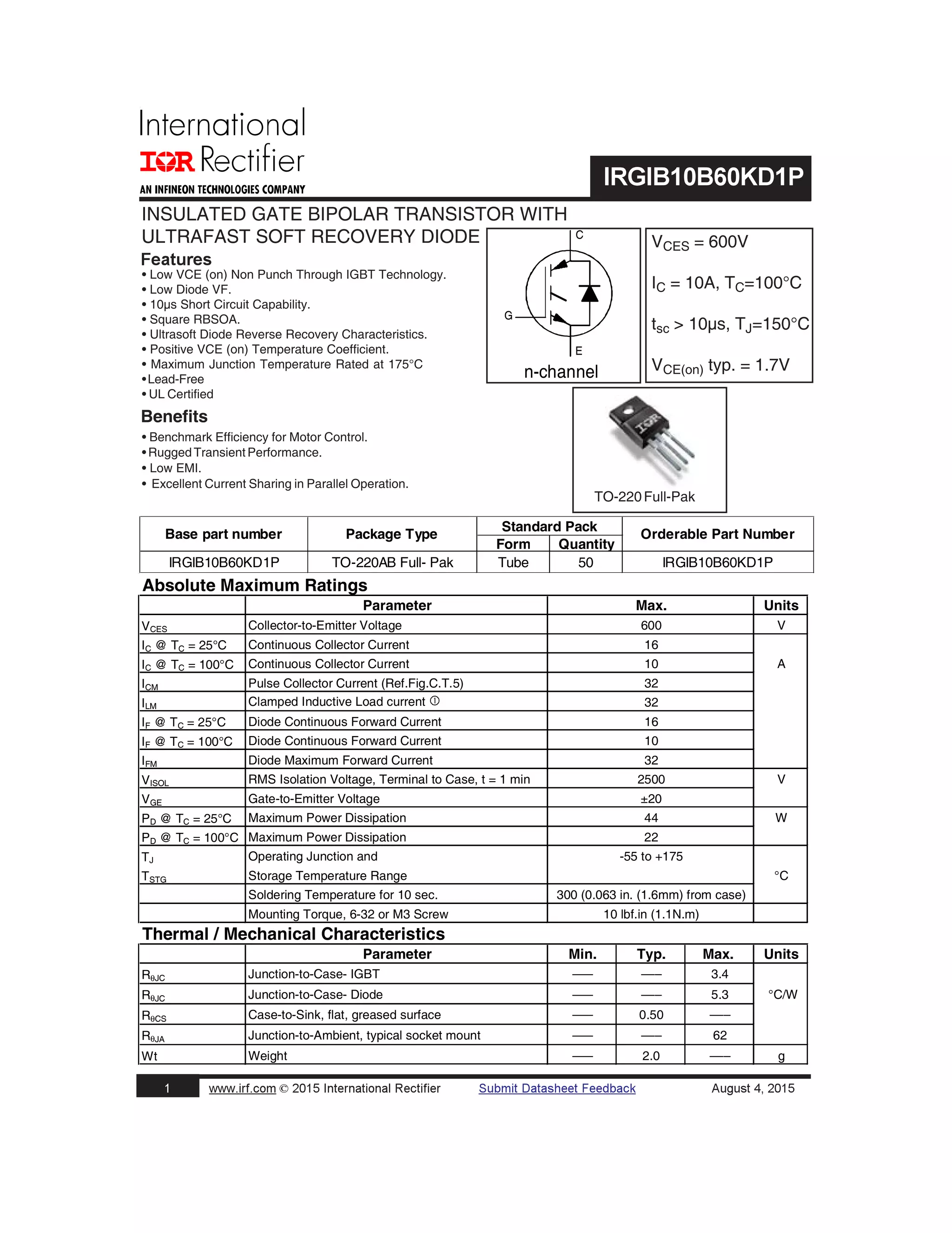 Original IGBT IC IRGIB10B60KD1P 600V 21A New Infineon IR | PDF