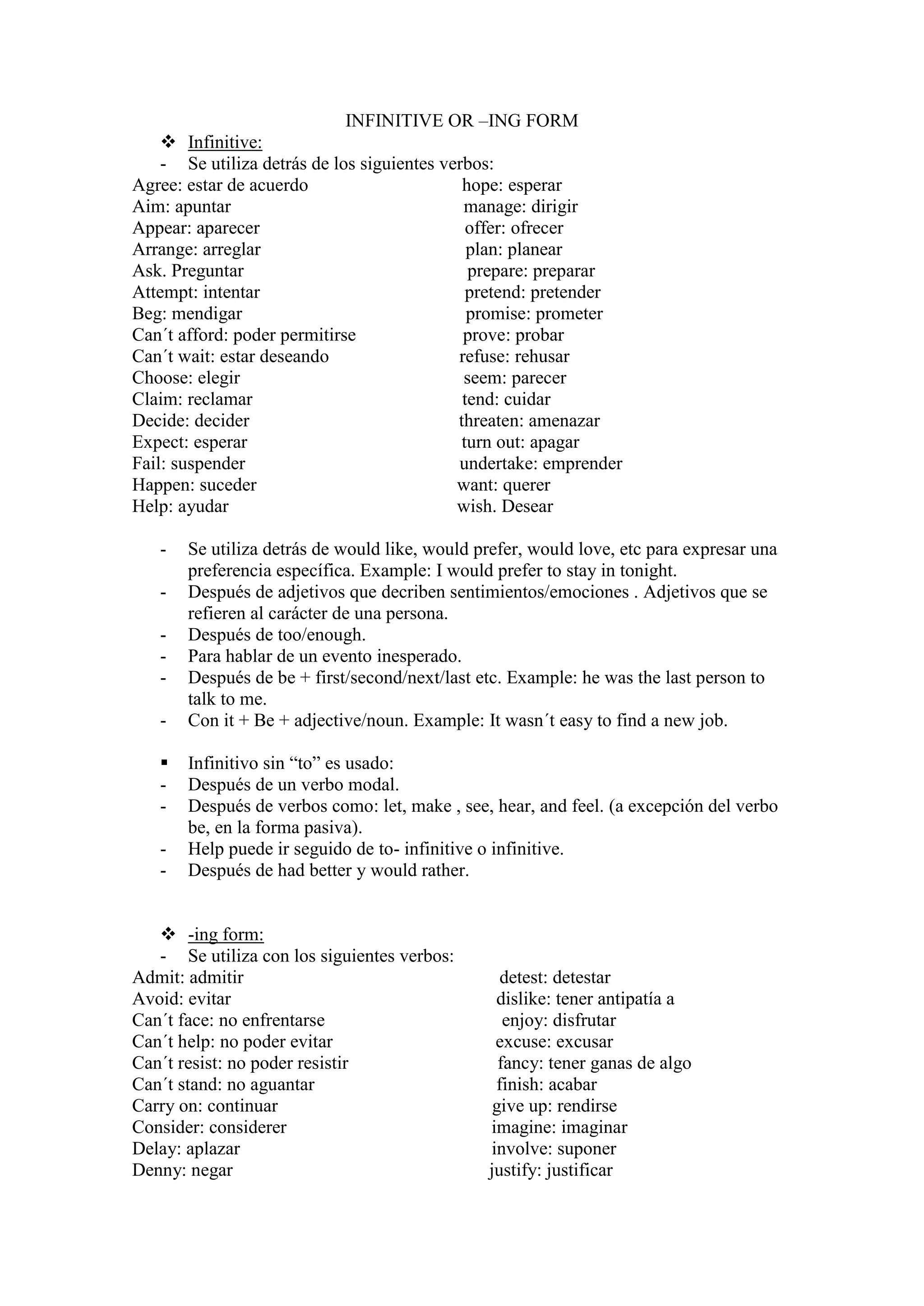 INFINITIVE OR ING FORM GRAMMAR AND EXERCISES | DOC