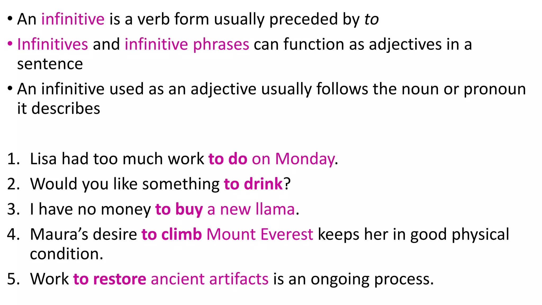 Infinitives and participles as adjectives grade8 | PPTX