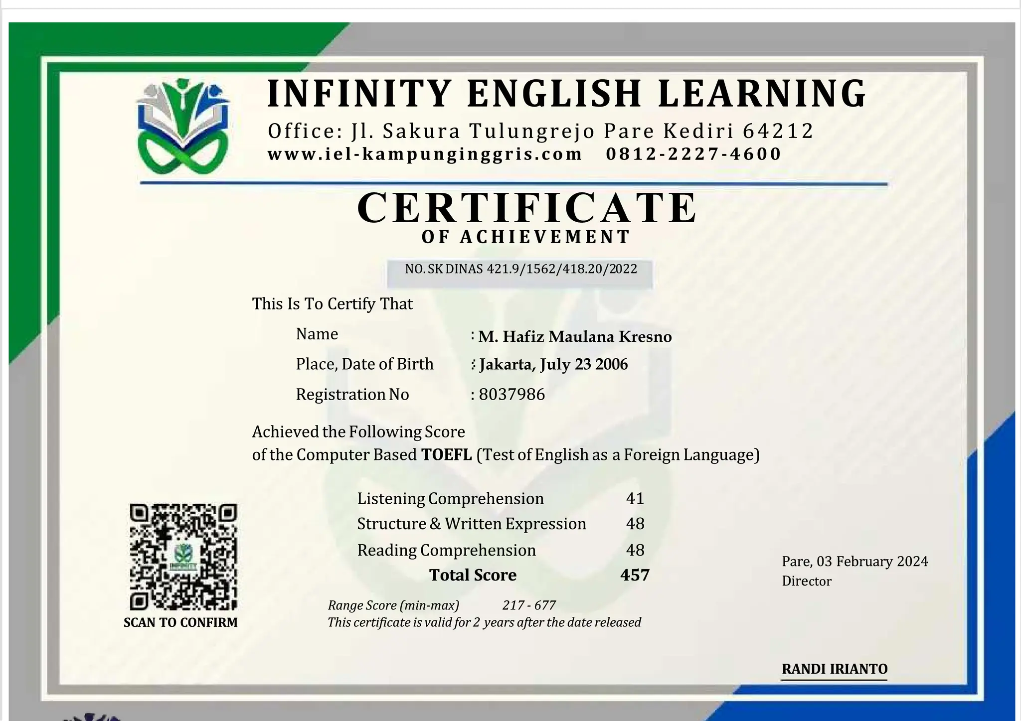 contoh sertifikat toefl infinity PARE.pdf