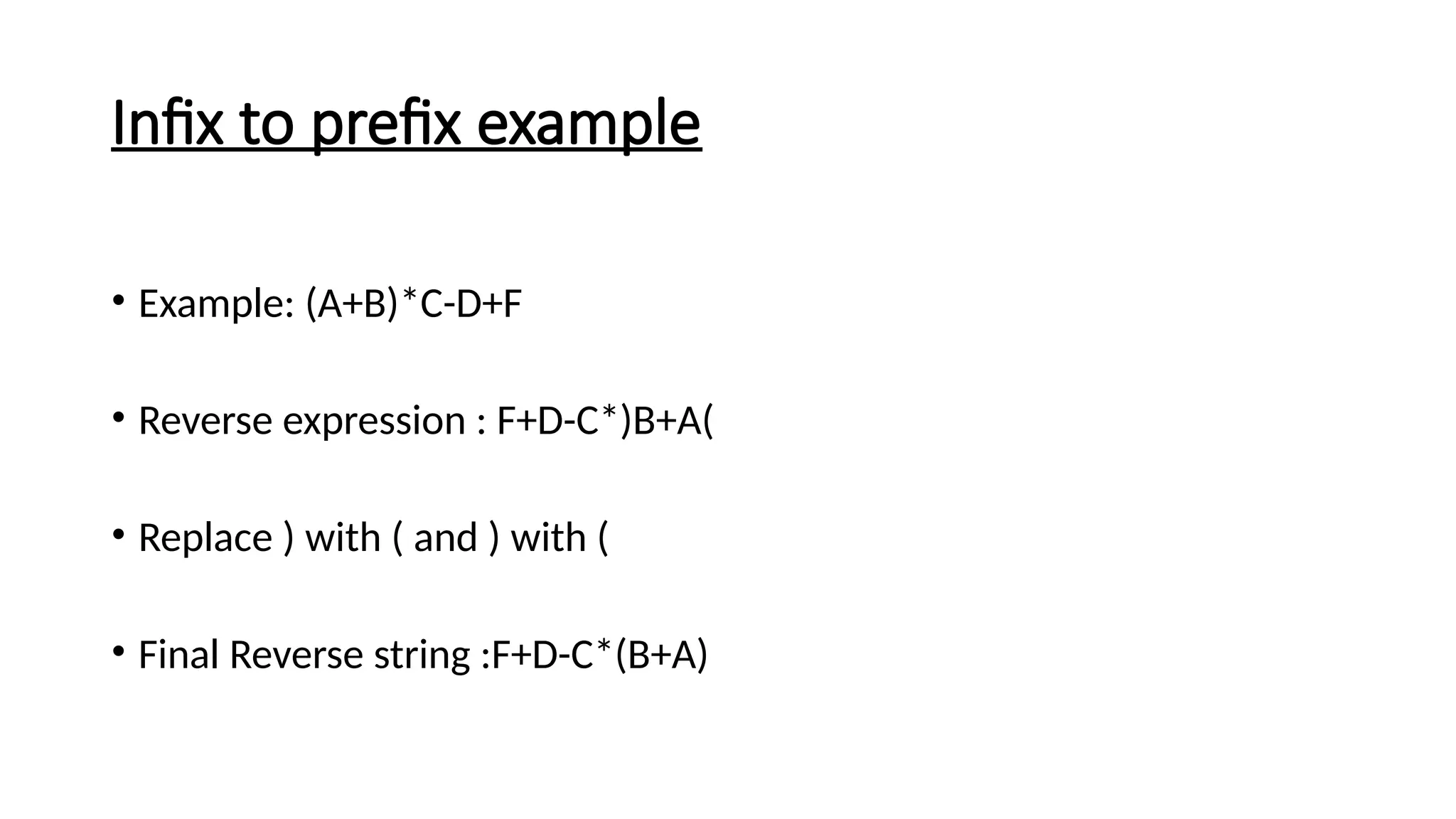 Stack application in infix to prefix expression | PPT