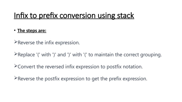Stack application in infix to prefix expression | PPT