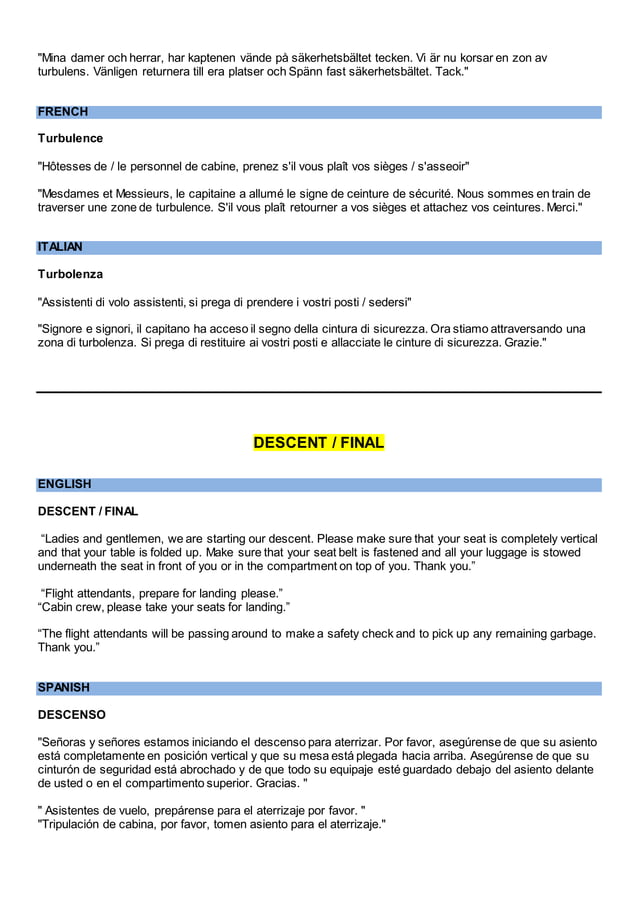 Multilingual in-flight announcements for flight attendants / cabin crew