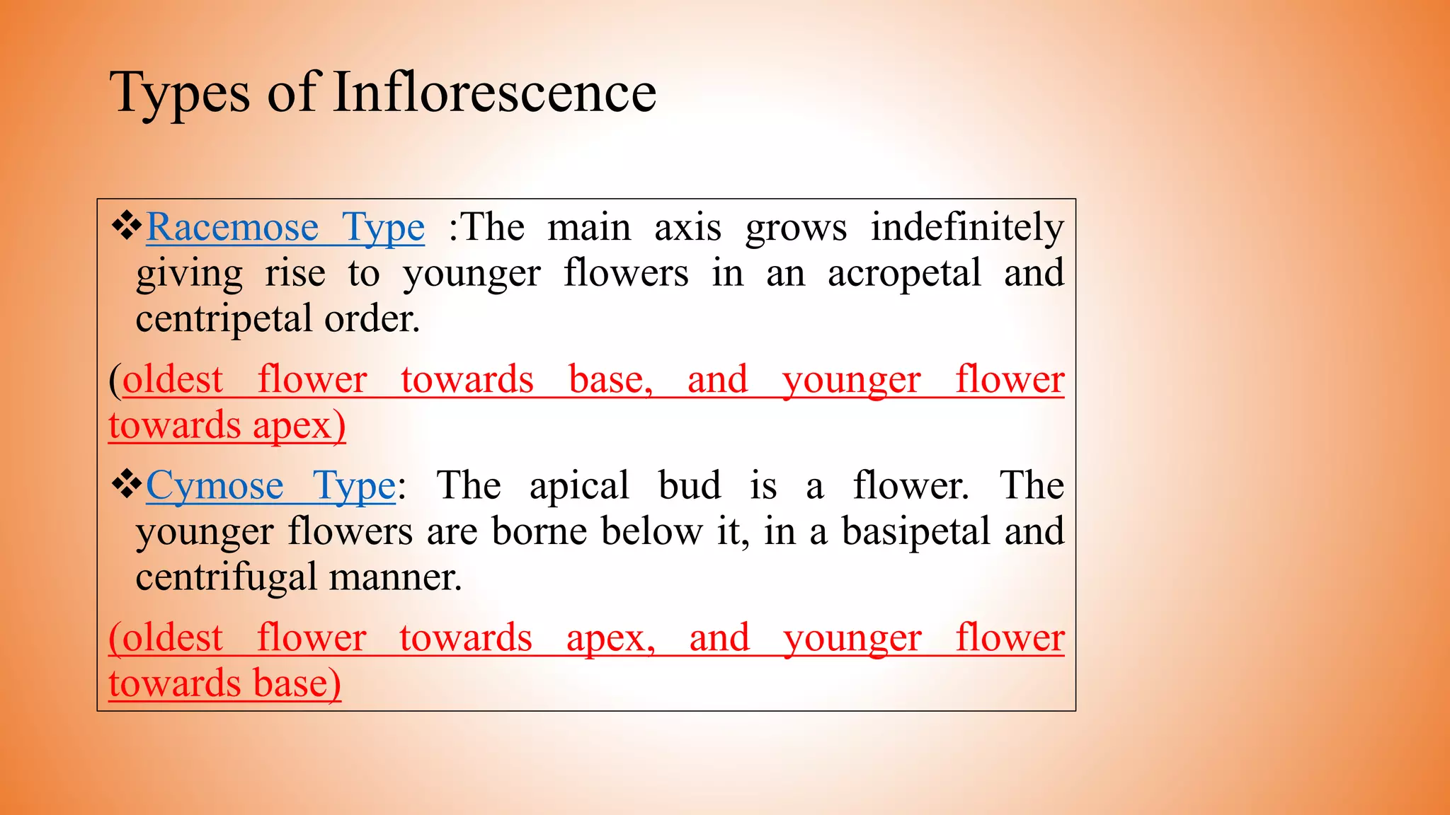 Inflorescence Types,cymose and racemose types,examples with Diagrams | PPTX