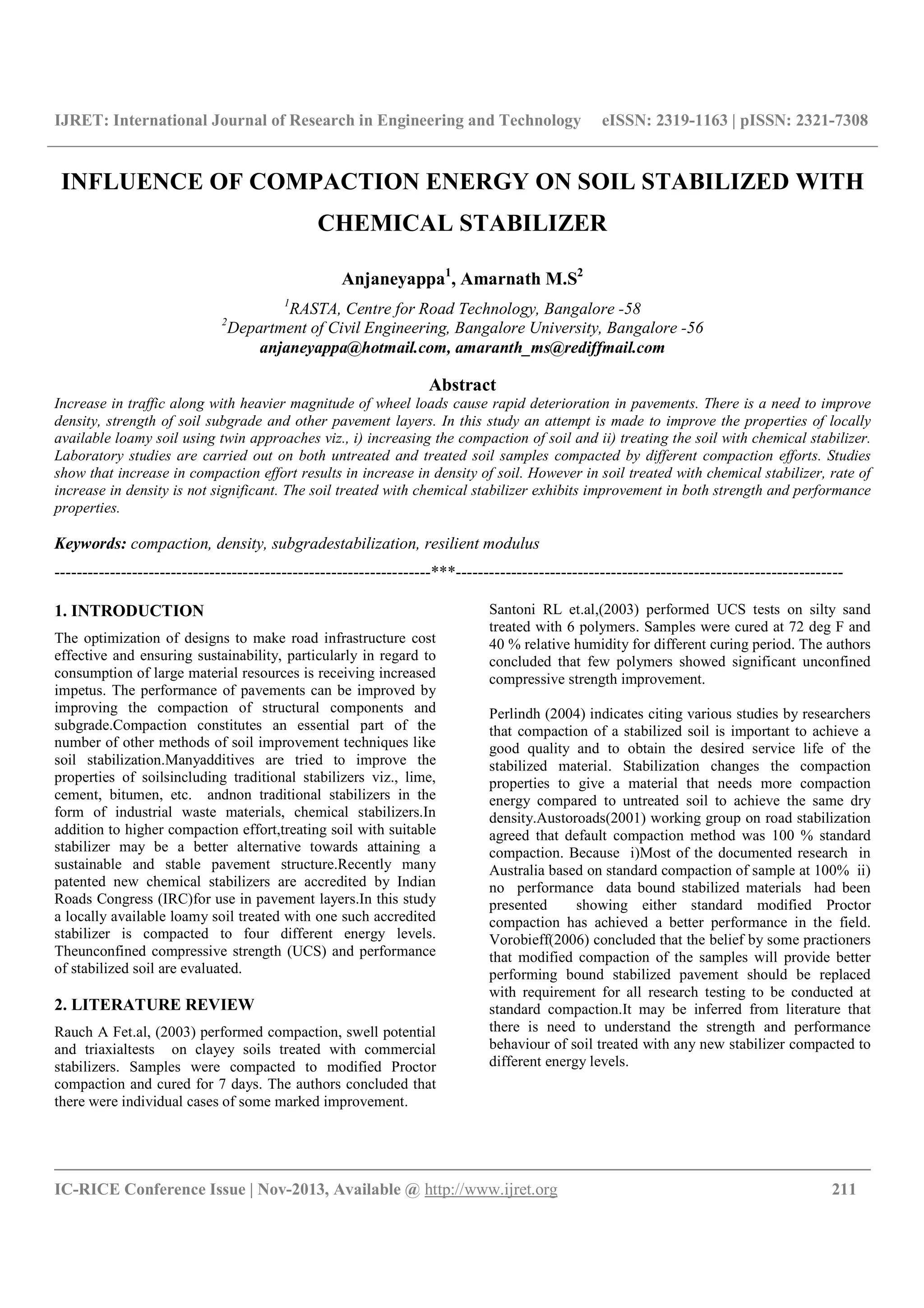 Influence of compaction energy on soil stabilized with chemical ...