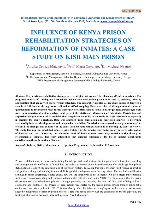 INFLUENCE OF KENYA PRISON REHABILITATION STRATEGIES ON REFORMATION OF ...