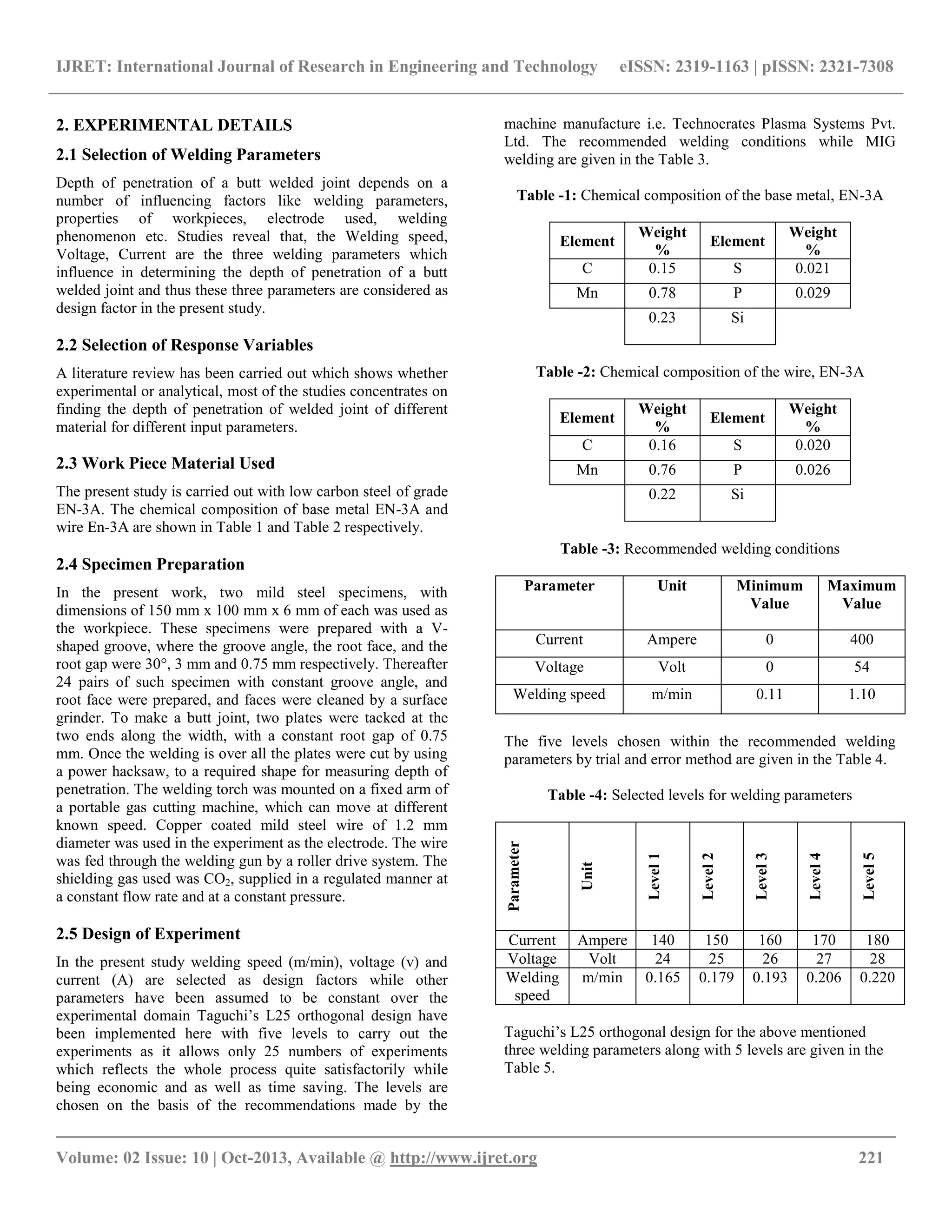 Influence of process parameters on depth of penetration of welded joint ...