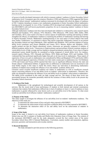 Influence of sex and ability level on students’ mathematics readiness in enugu state. | PDF