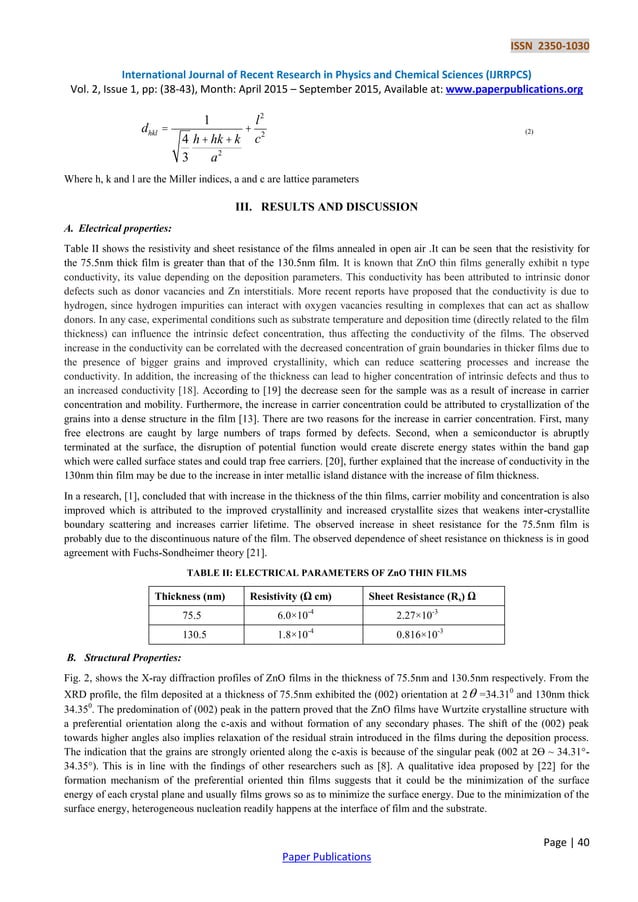 Influence of Thickness on Electrical and Structural Properties of Zinc Oxide (ZnO) Thin Films ...