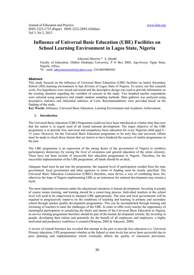 Influence of universal basic education (ube) facilities on school learning environment in lagos ...