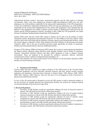 Influence of universal basic education (ube) facilities on school learning environment in lagos ...