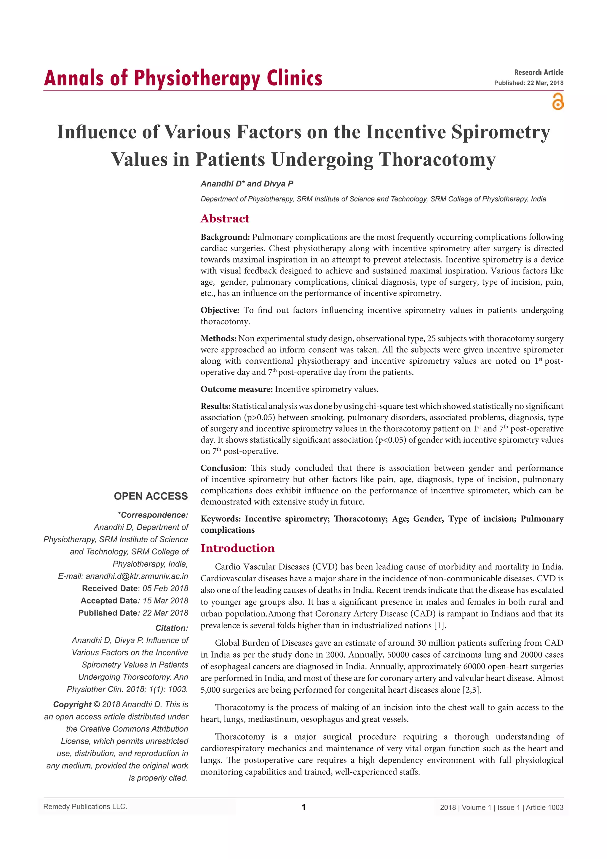 Influence of Various Factors on the Incentive Spirometry Values in ...