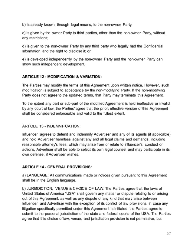 Influencer Agreement Docx Advertising Industry Industries