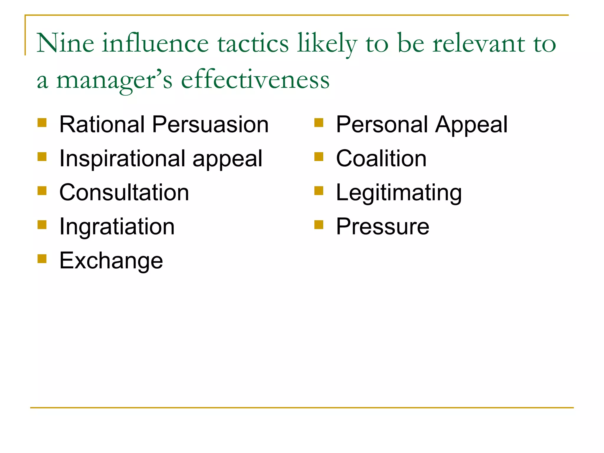 Influence, tactics, power and politics | PPT | Politics