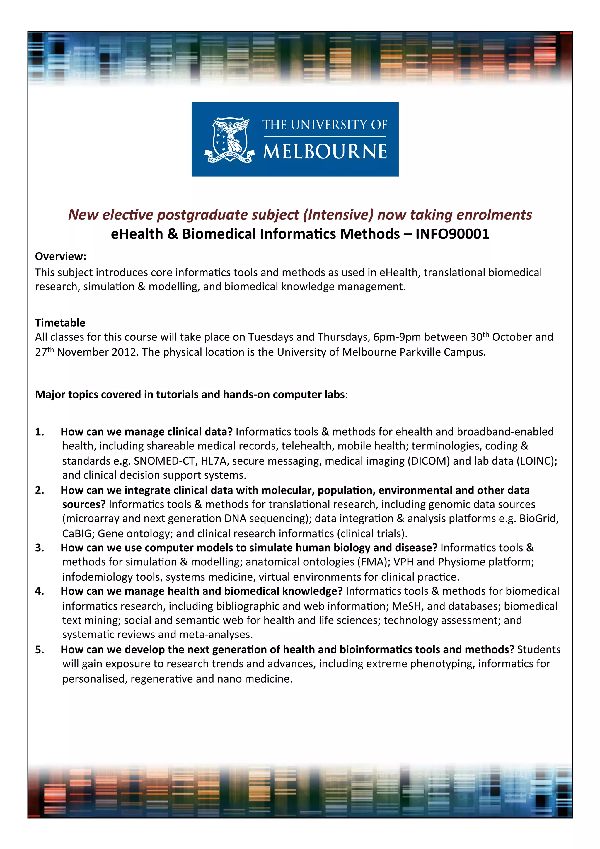 INFO90001 eHealth & biomedical Informatics tools & methods flyer | PDF