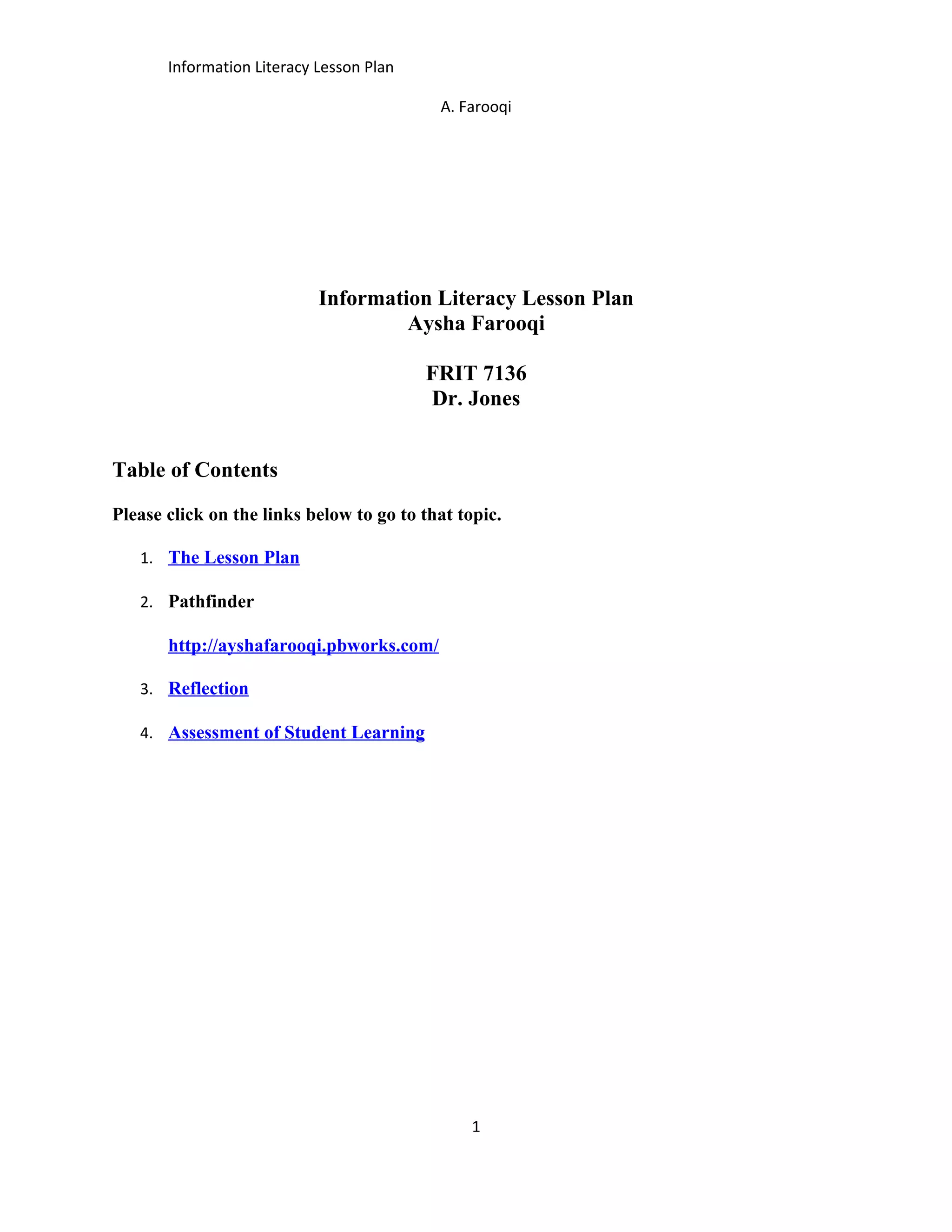 Info literacy lesson plan farooqi | PDF