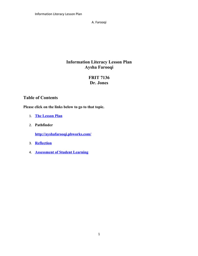 Info literacy lesson plan farooqi | PDF