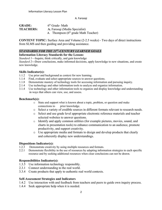 Info literacy lesson plan farooqi | PDF