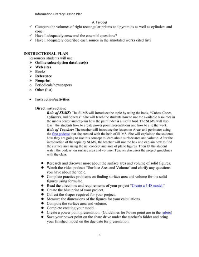 Info literacy lesson plan farooqi | PDF