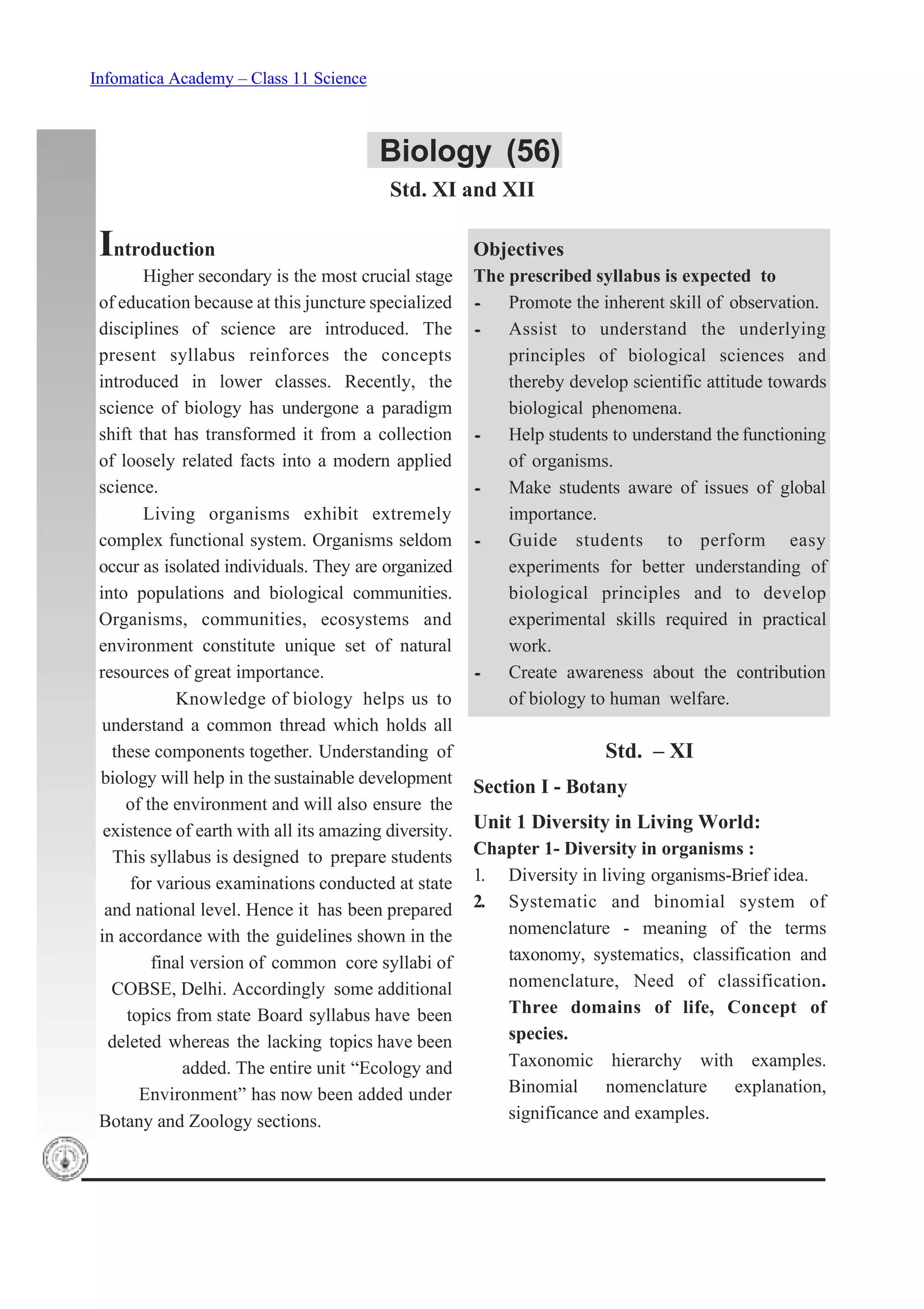 Infomatica Academy - Class - 11 Biology Syllabus | PDF
