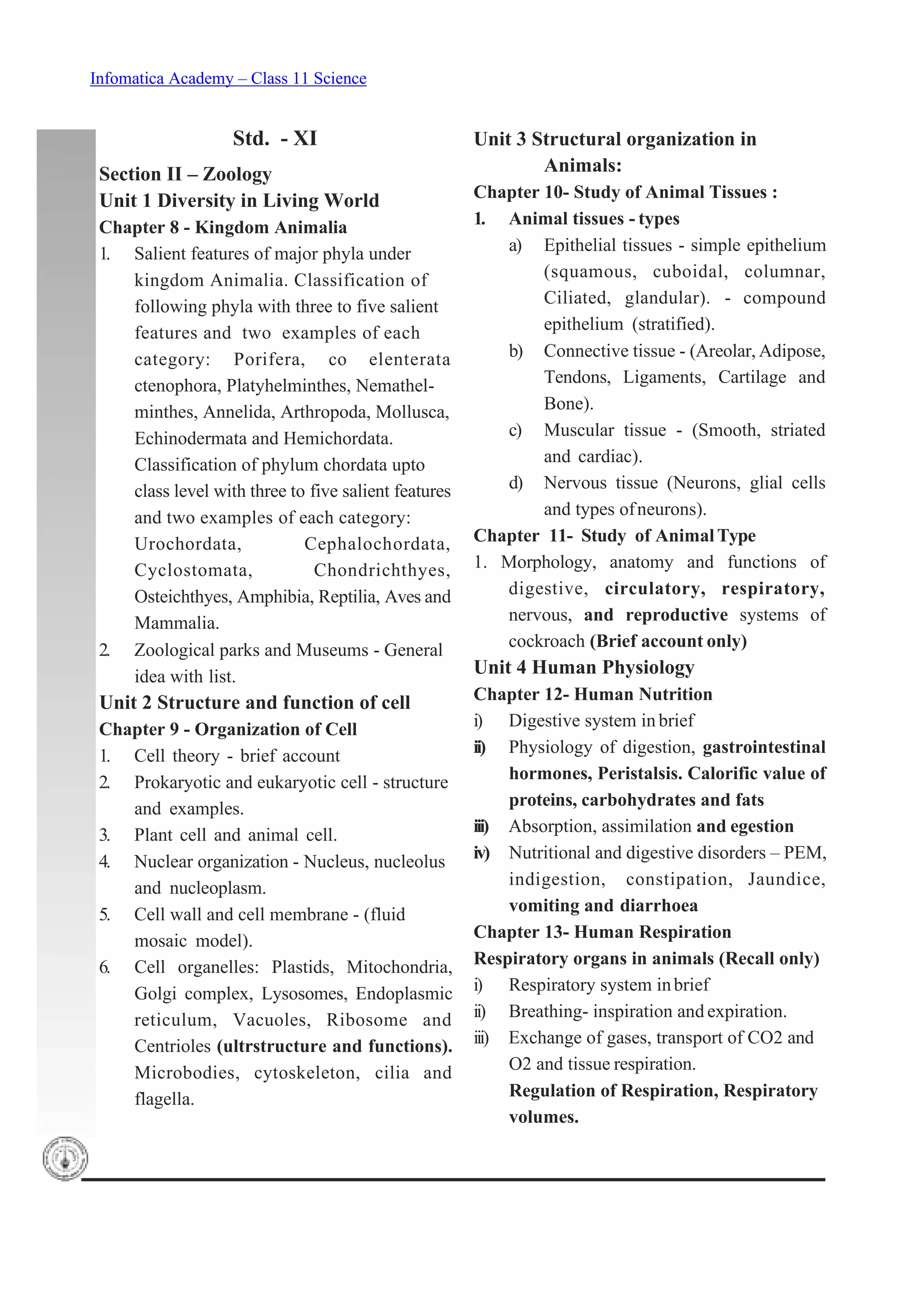 Infomatica Academy - Class - 11 Biology Syllabus | PDF
