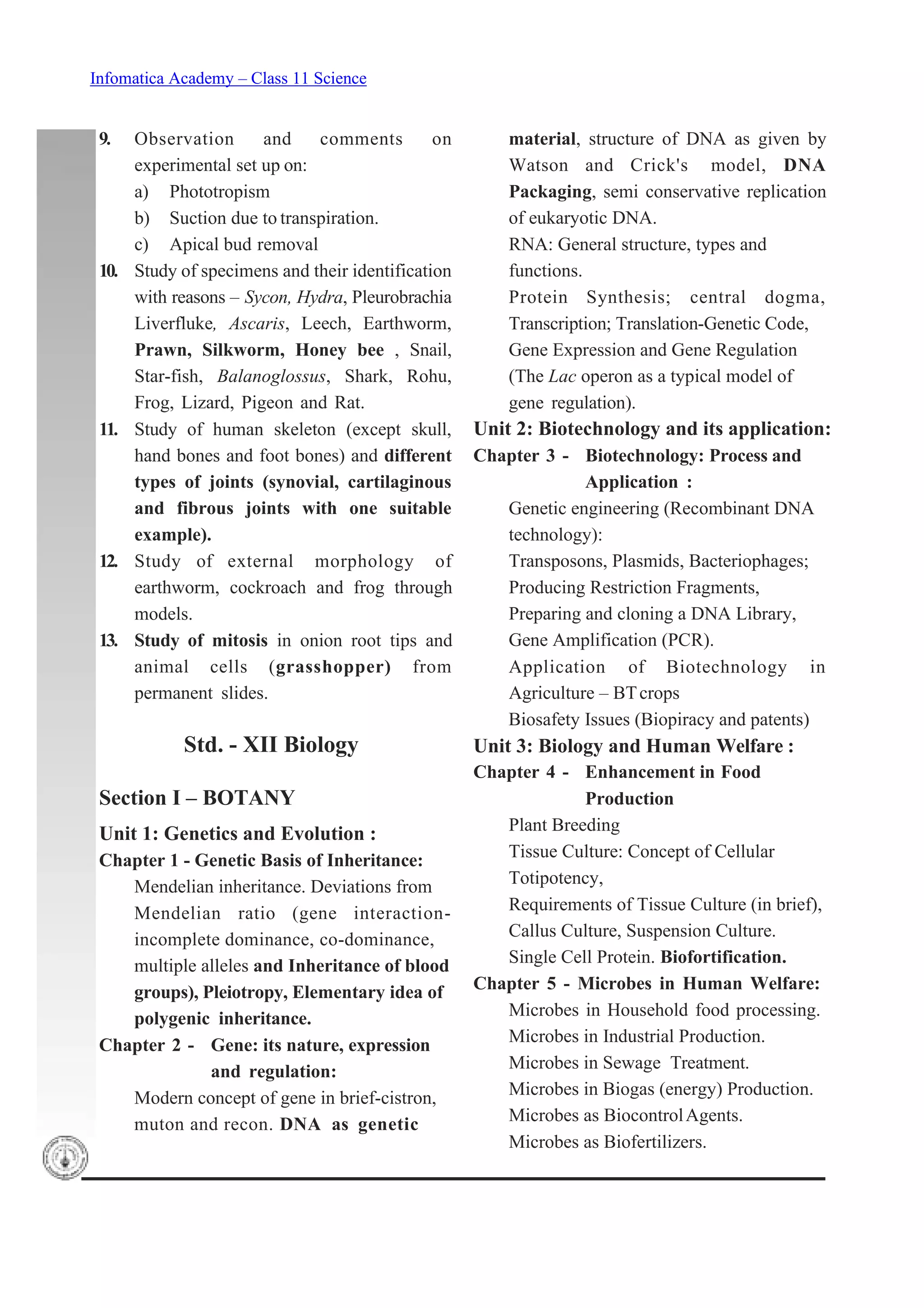 Infomatica Academy - Class - 11 Biology Syllabus | PDF