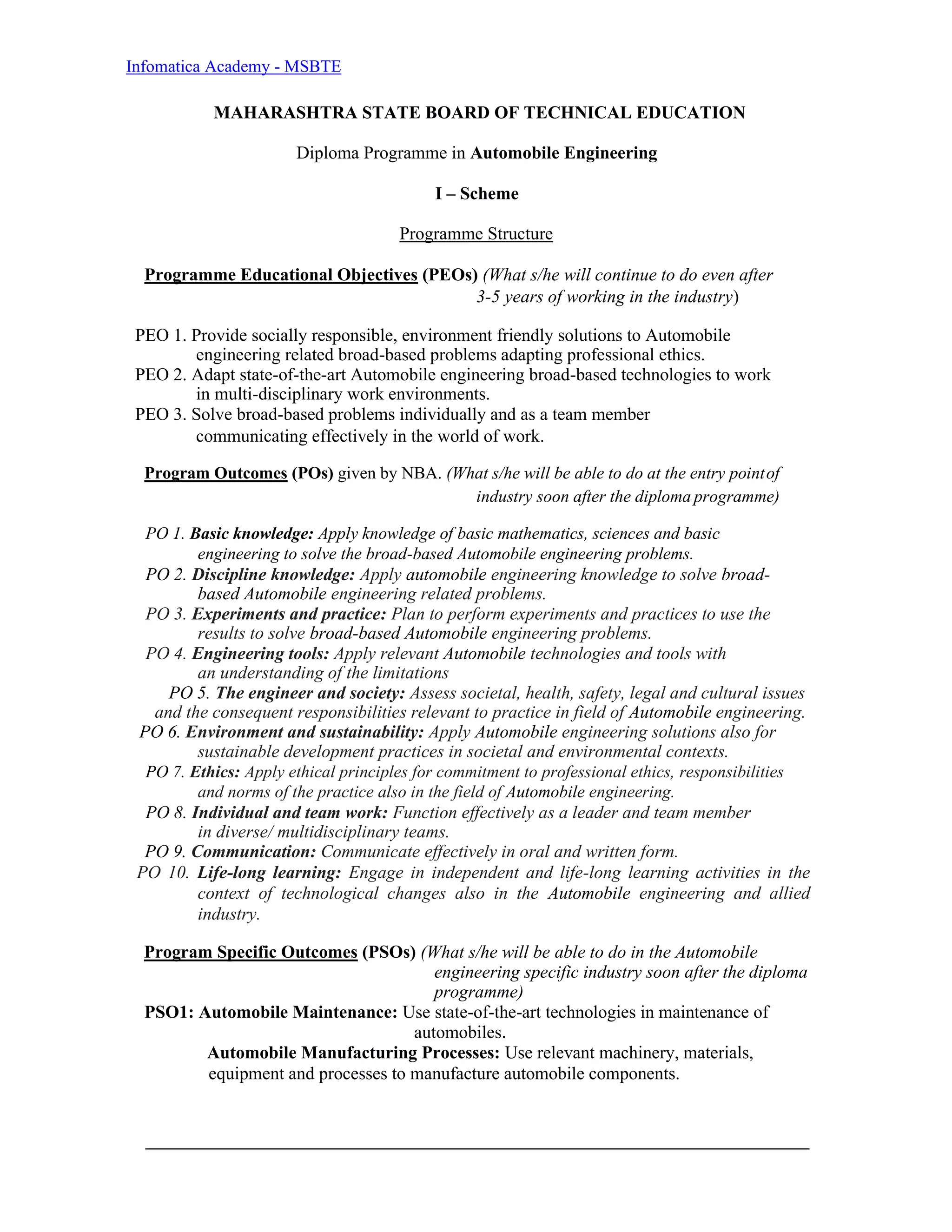 Infomatica Academy - MSBTE - Automobile Engineering | PDF