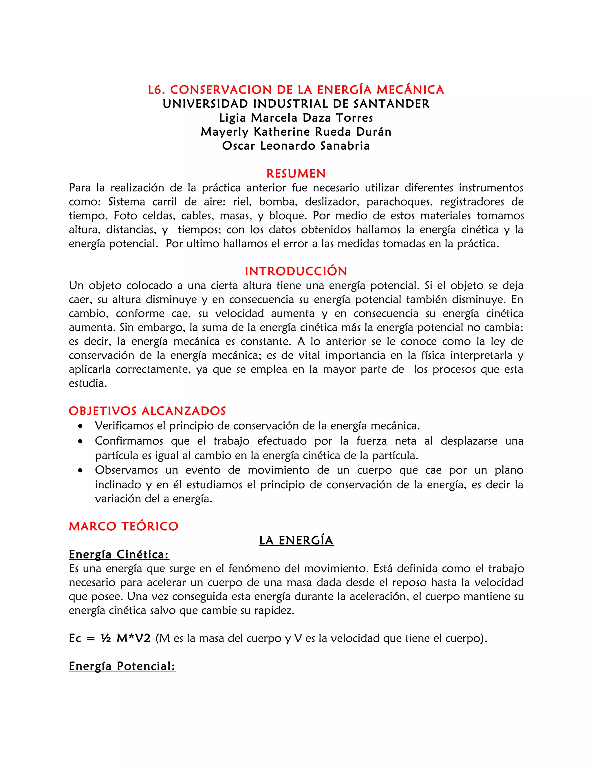 CONSERVACION DE LA ENERGÍA MECÁNICA | DOC