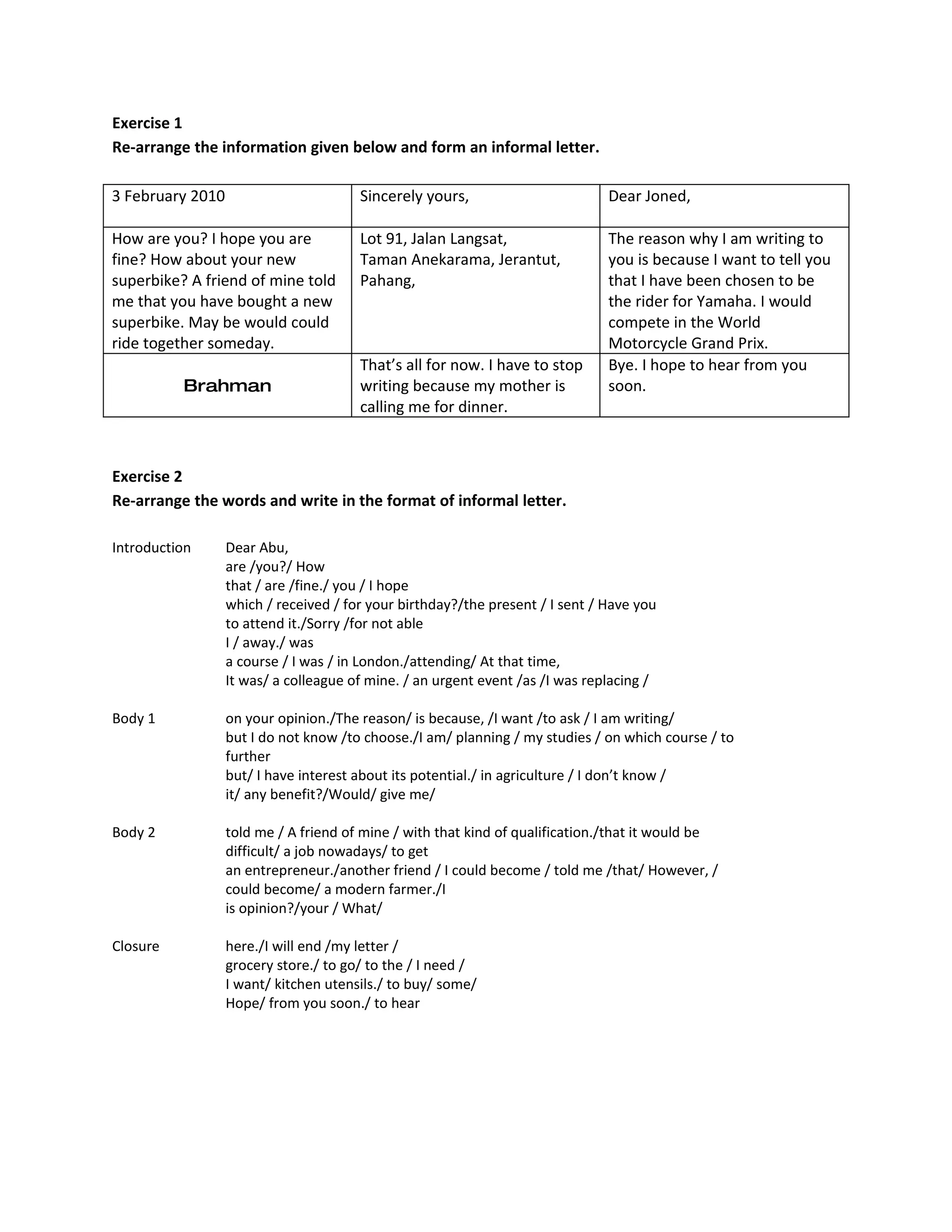Informal Letter Rearrange | DOC