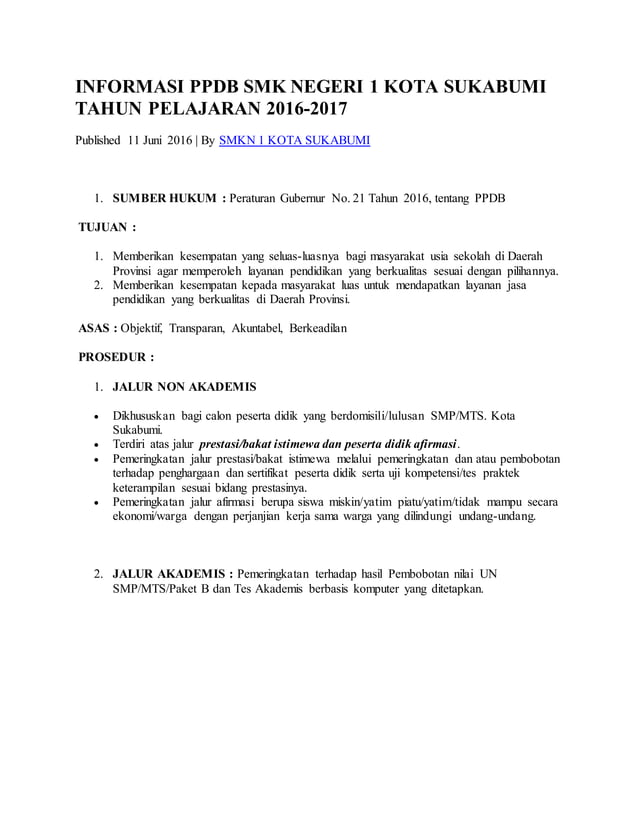 Informasi ppdb smk negeri 1 kota sukabumi tahun pelajaran 2016 | PDF