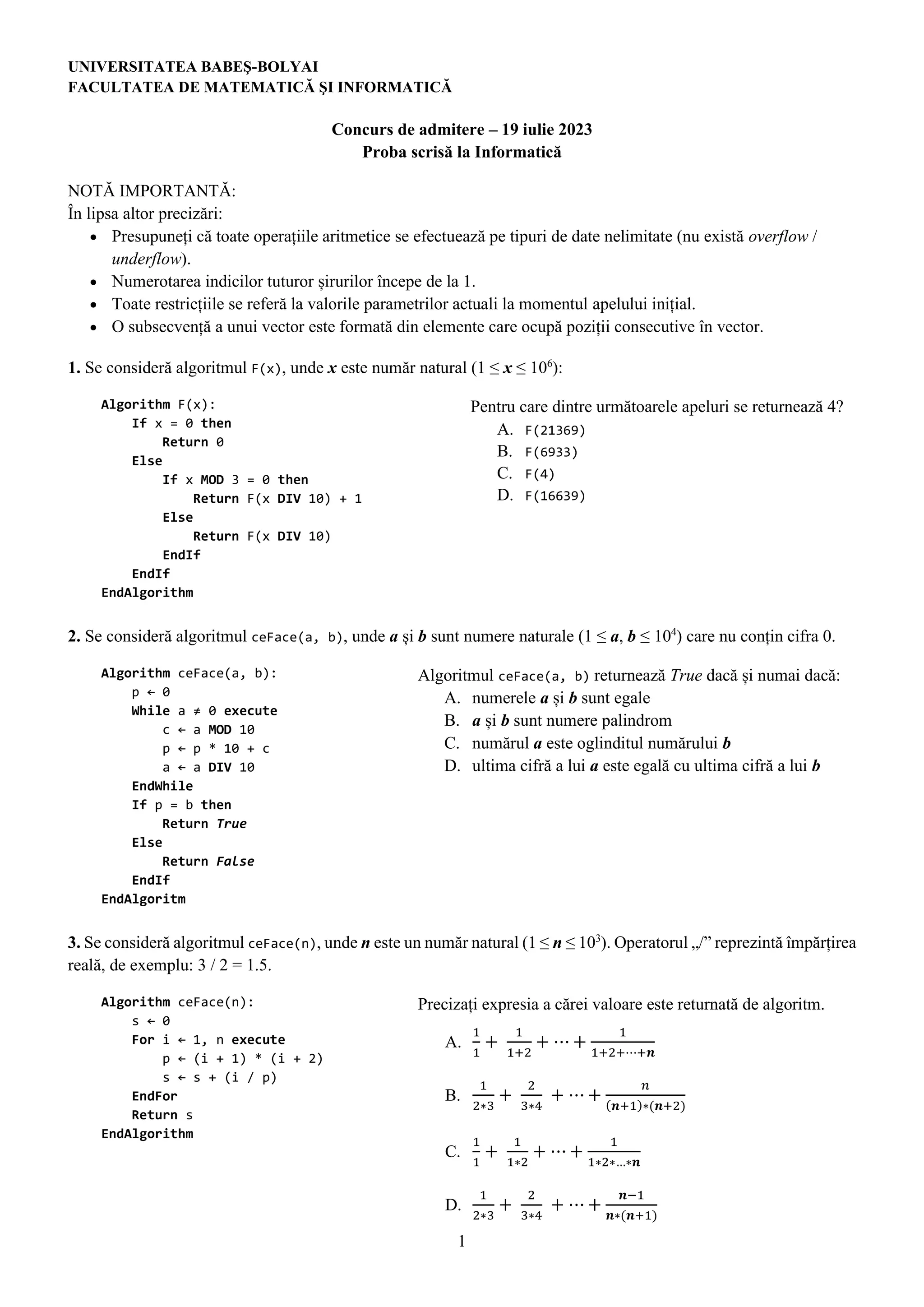 Bacalaureat INFO 203 matematica informatica | PDF