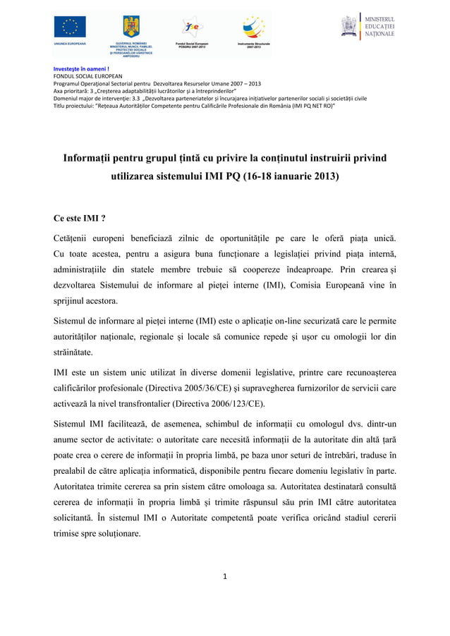 Informatii pentru grupul tinta instruire utilizatori IMI PQ 15 ianuarie ...