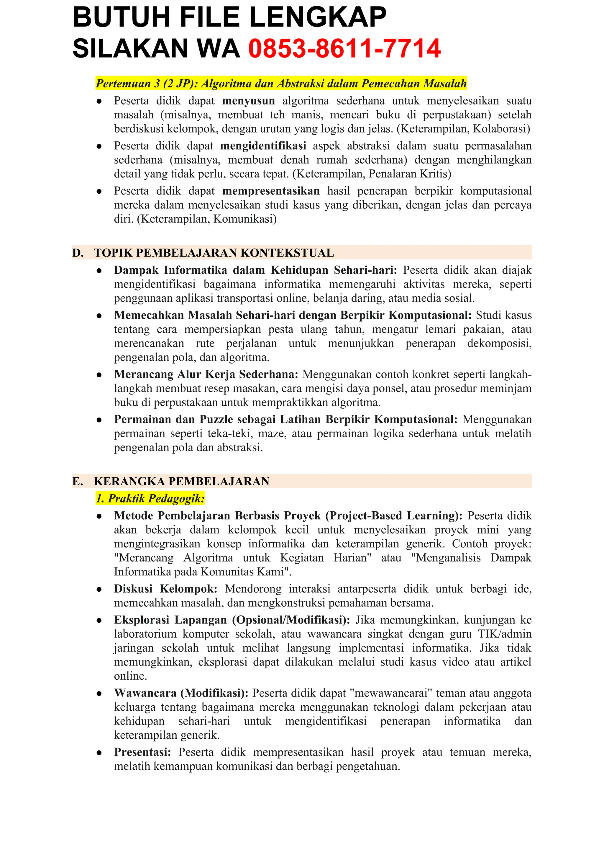 Modul Ajar Pembelajaran Mendalam Informatika Kelas IX Terbaru 2025 | DOCX