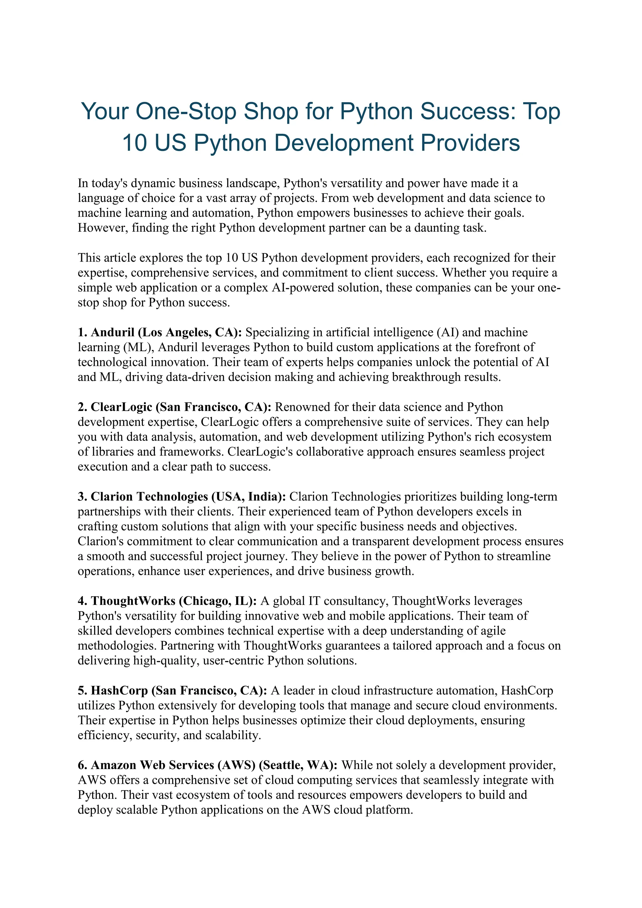 Your One-Stop Shop for Python Success: Top 10 US Python Development ...