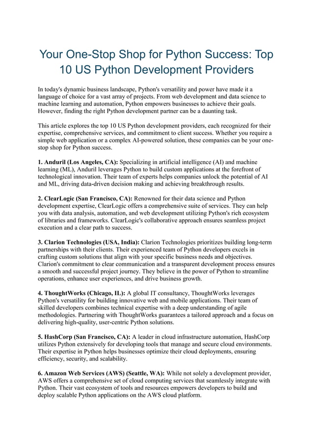 Your One-Stop Shop for Python Success: Top 10 US Python Development ...