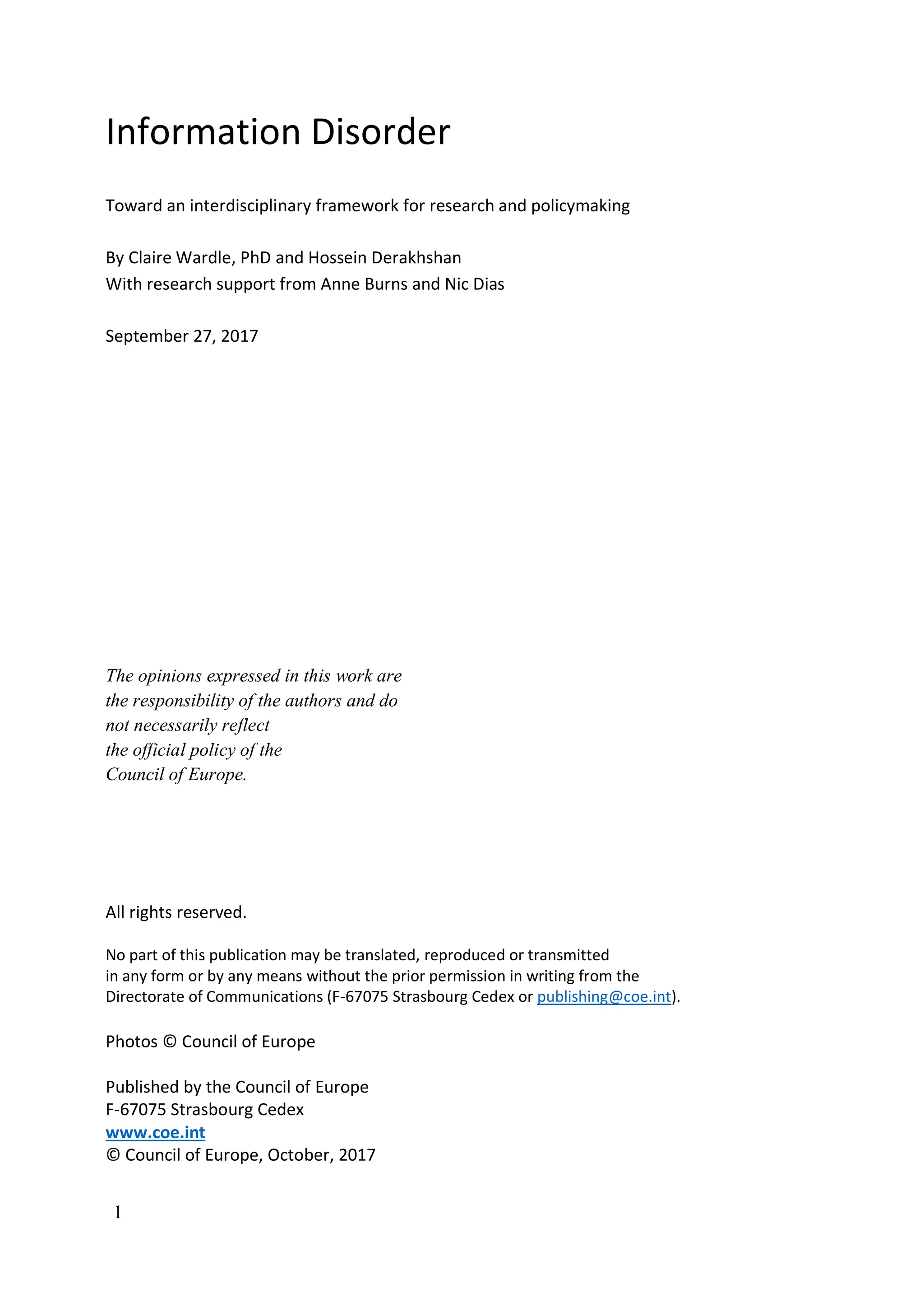 Information disorder: Toward an interdisciplinary framework for ...