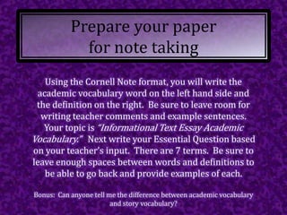 Informational text essay Academic Vocabulary with Lesson Plan | PPT
