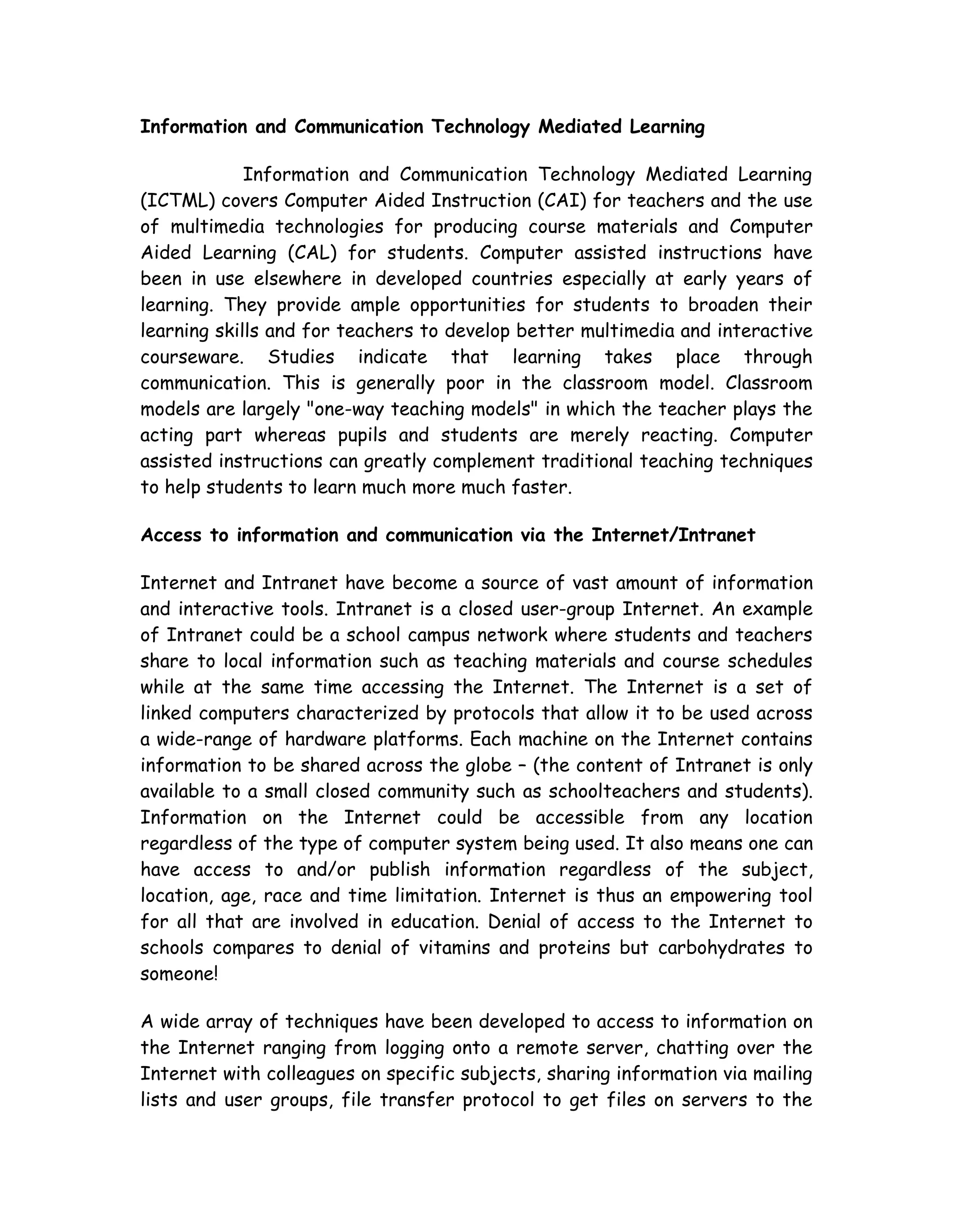 Information And Communication Technology Mediated Learning | DOC