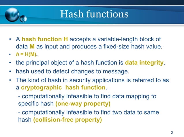 Information and data security cryptographic hash functions | PPTX
