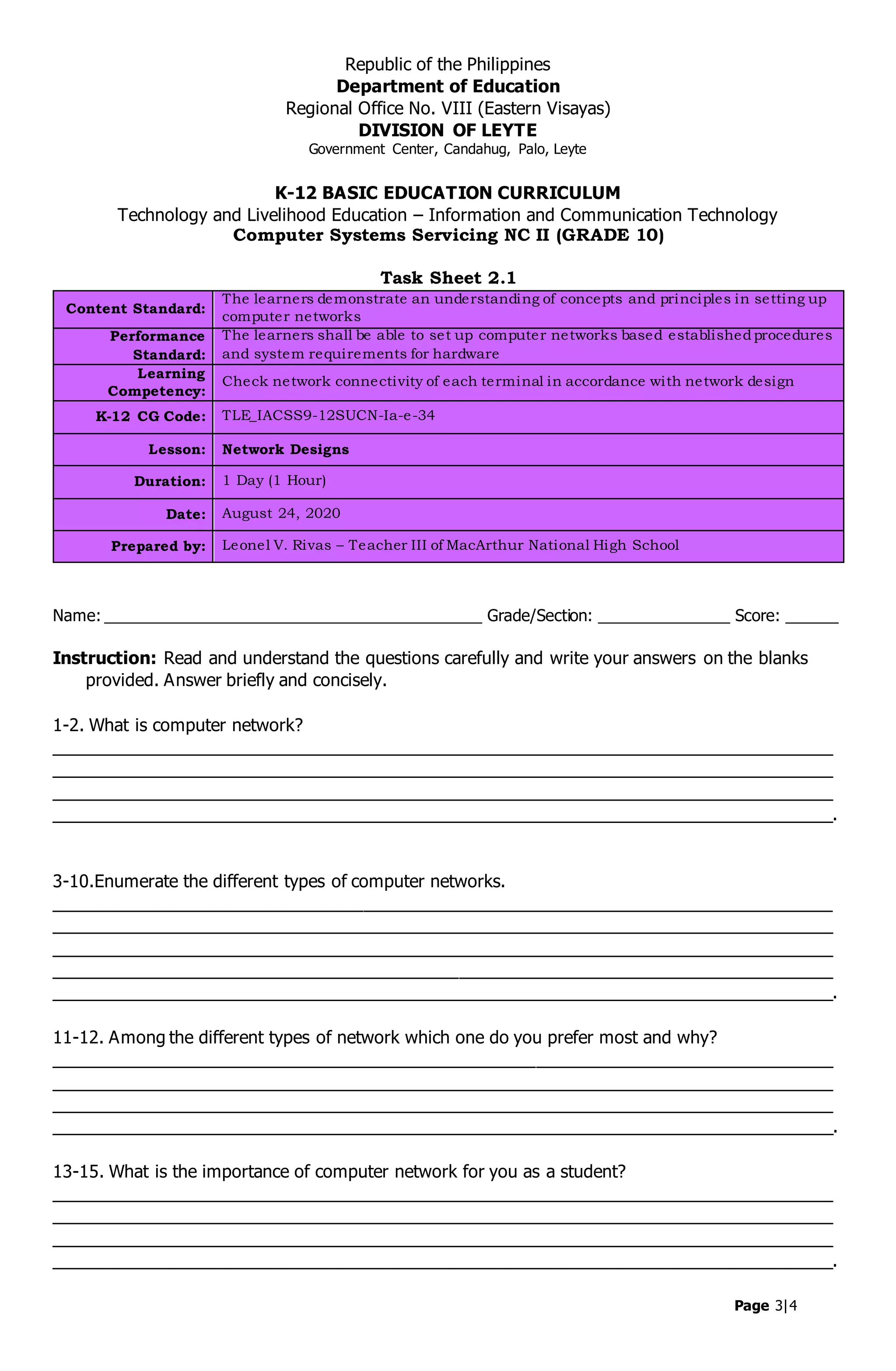 TLE ICT CSS 10 Information and task sheet 2.1 day 1 | DOCX