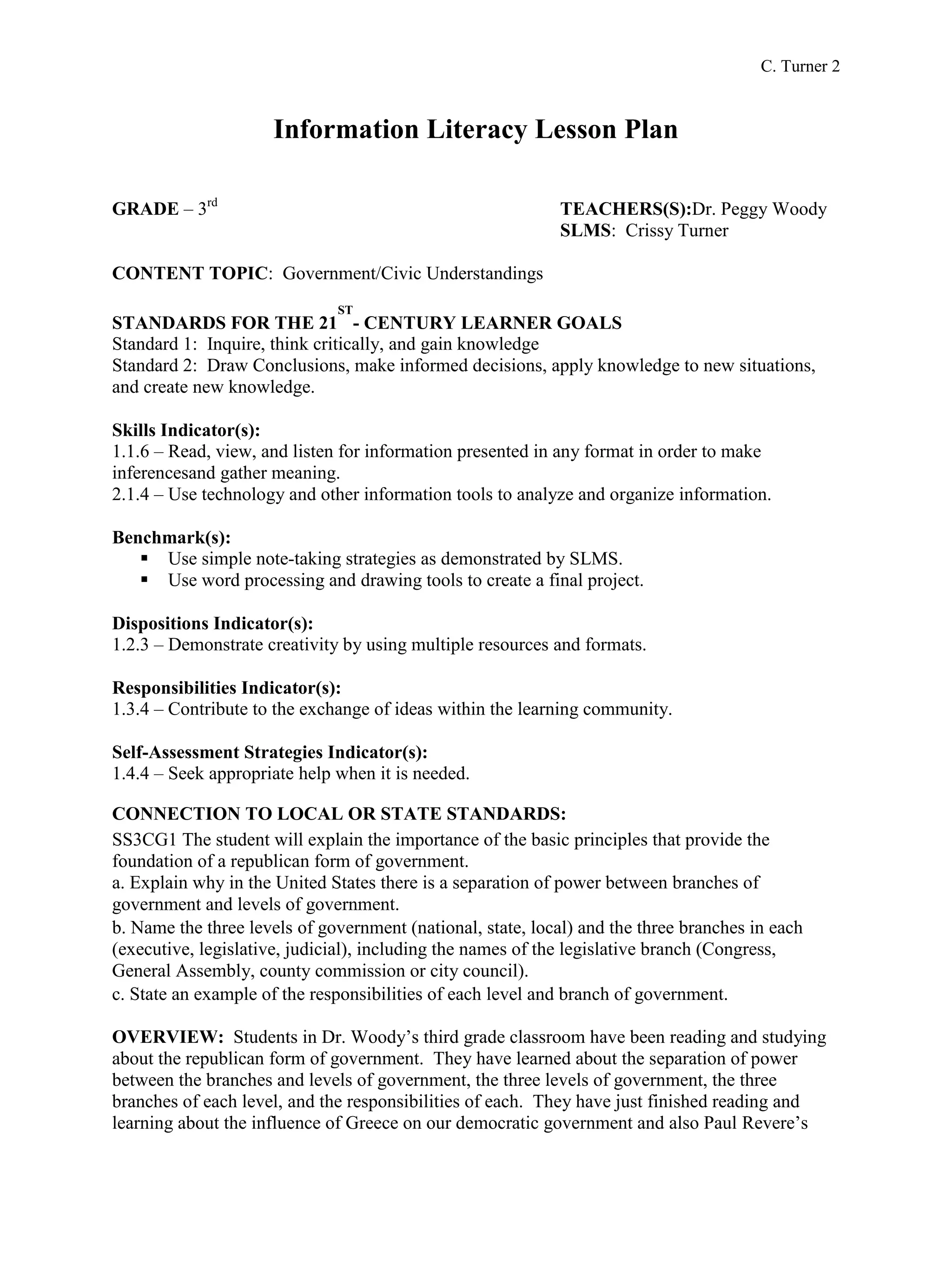 Crissy Turner - Information Literacy Lesson Plan - FRIT 7136 | DOCX