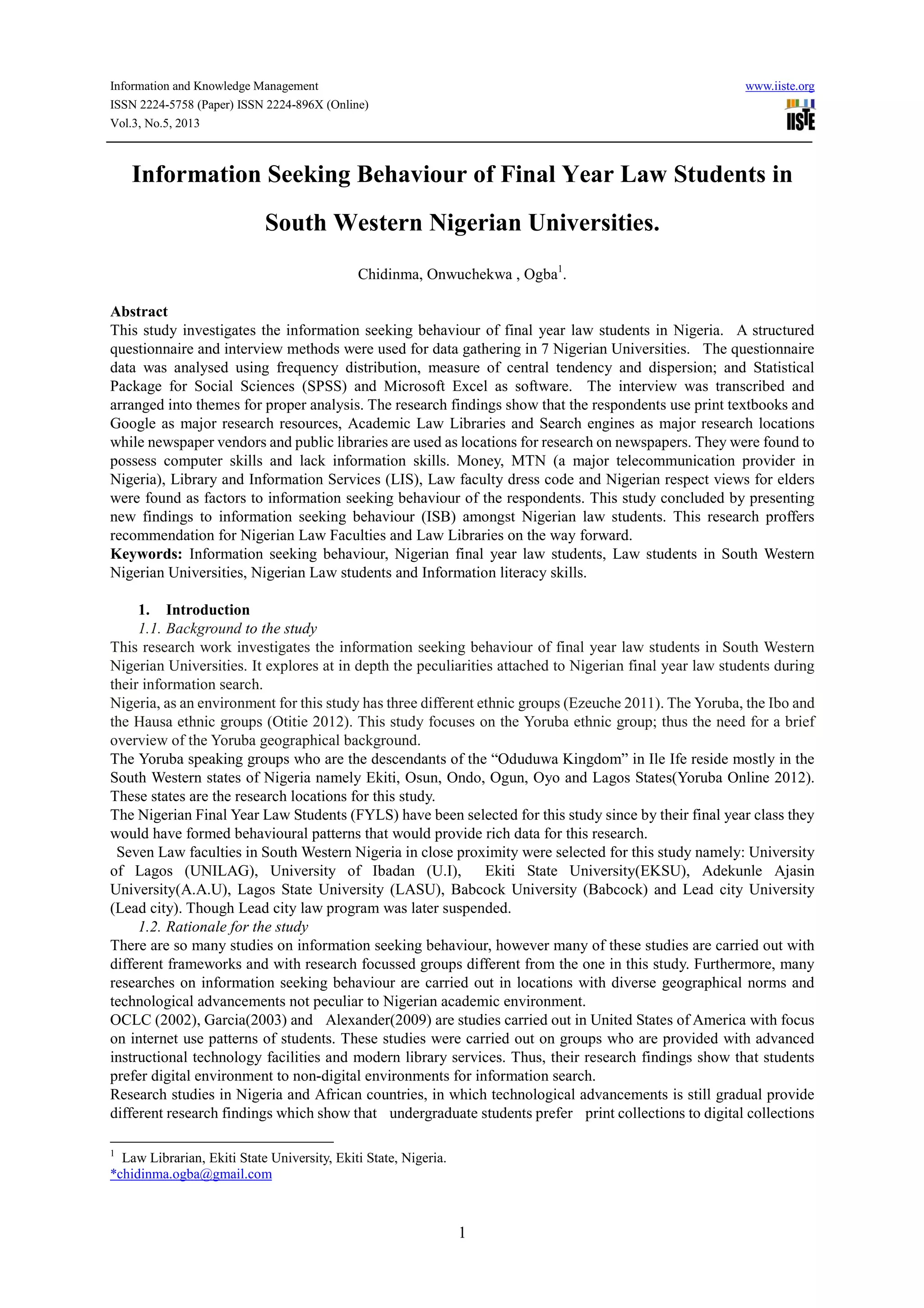 Information seeking behaviour of final year law students in south ...