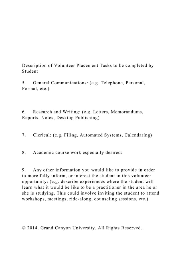 Information Sheet for GCU Volunteer PlacementGrand Canyon Univ.docx | Education
