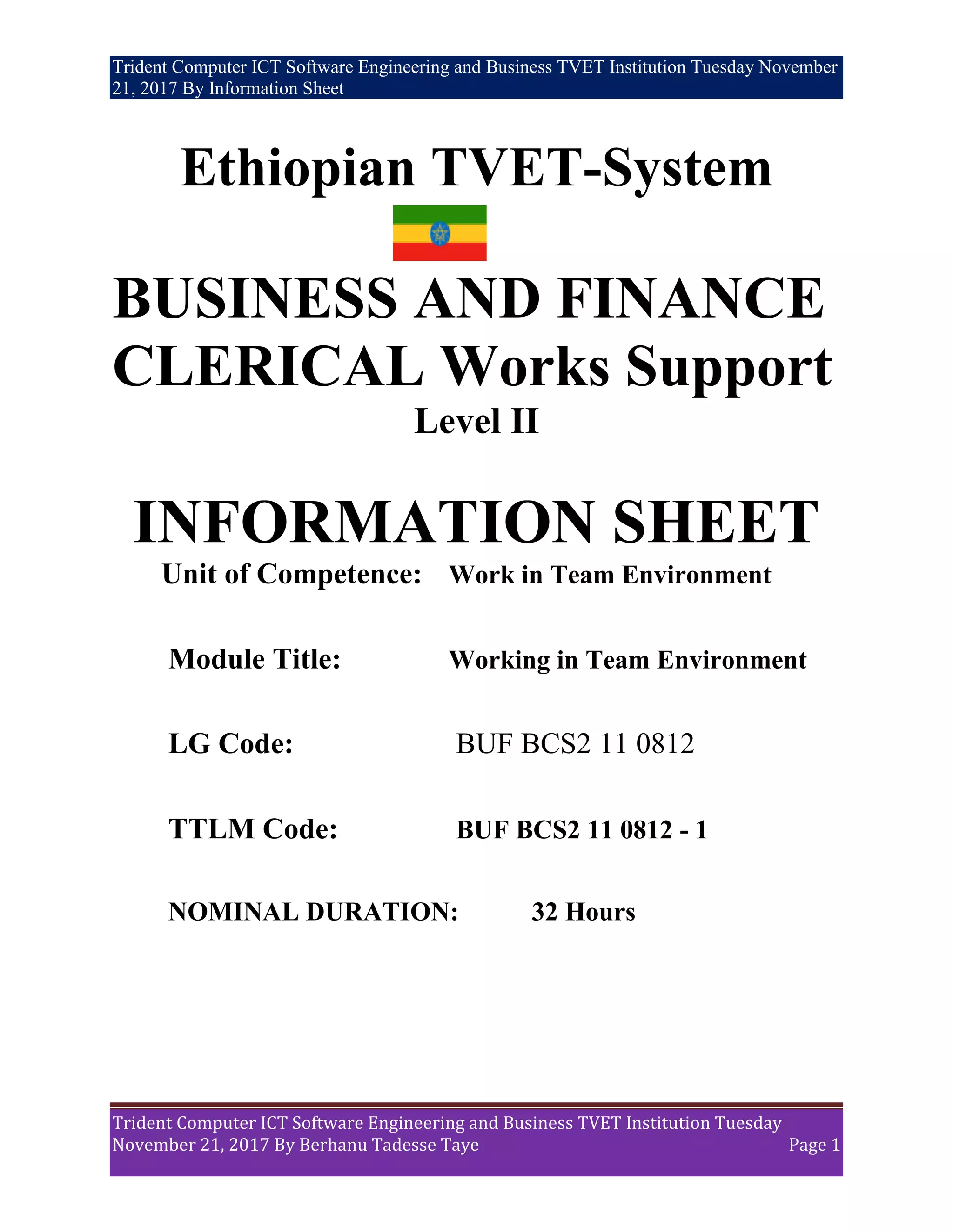 Information sheet work in team enviroment berhanu tadesse | PDF ...