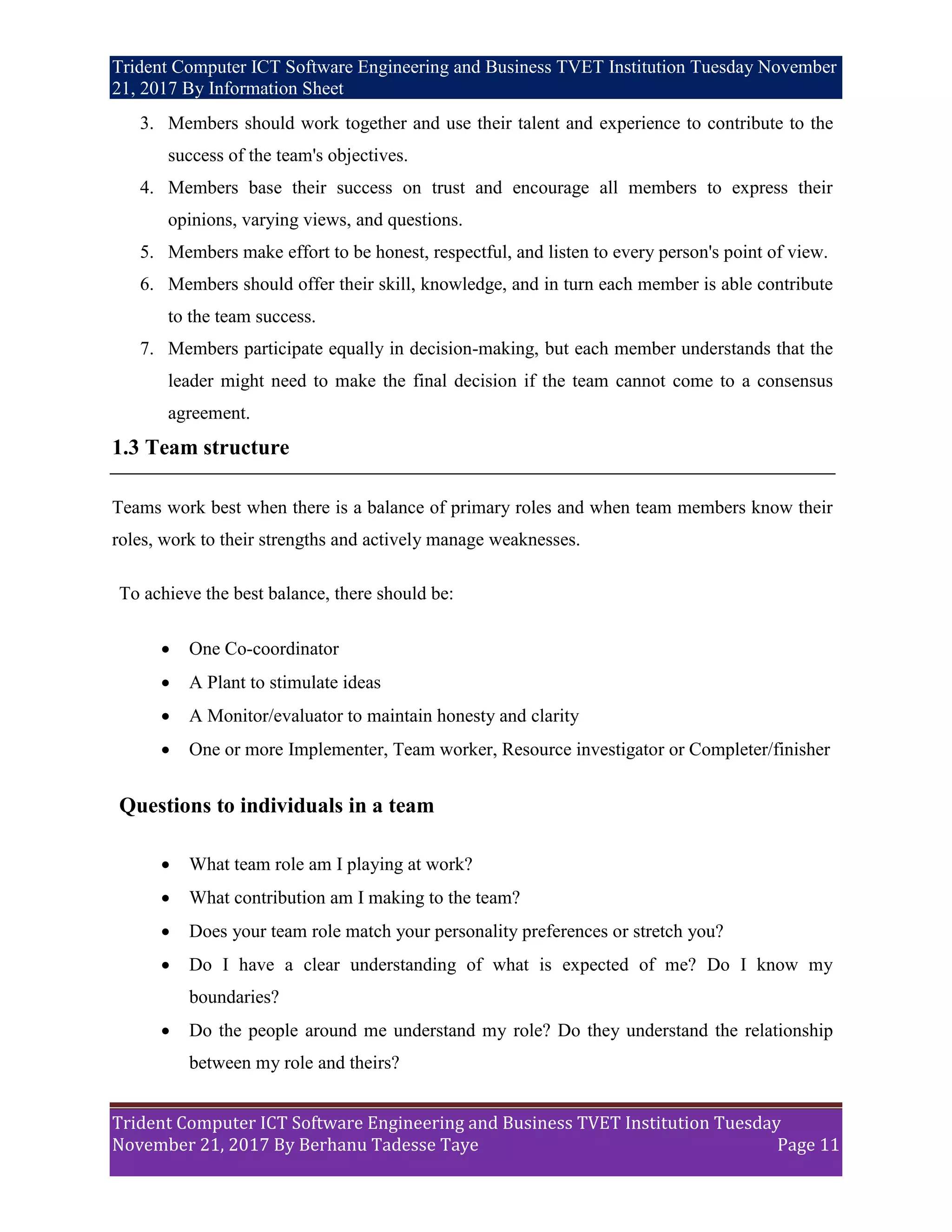 Information sheet work in team enviroment berhanu tadesse | PDF ...