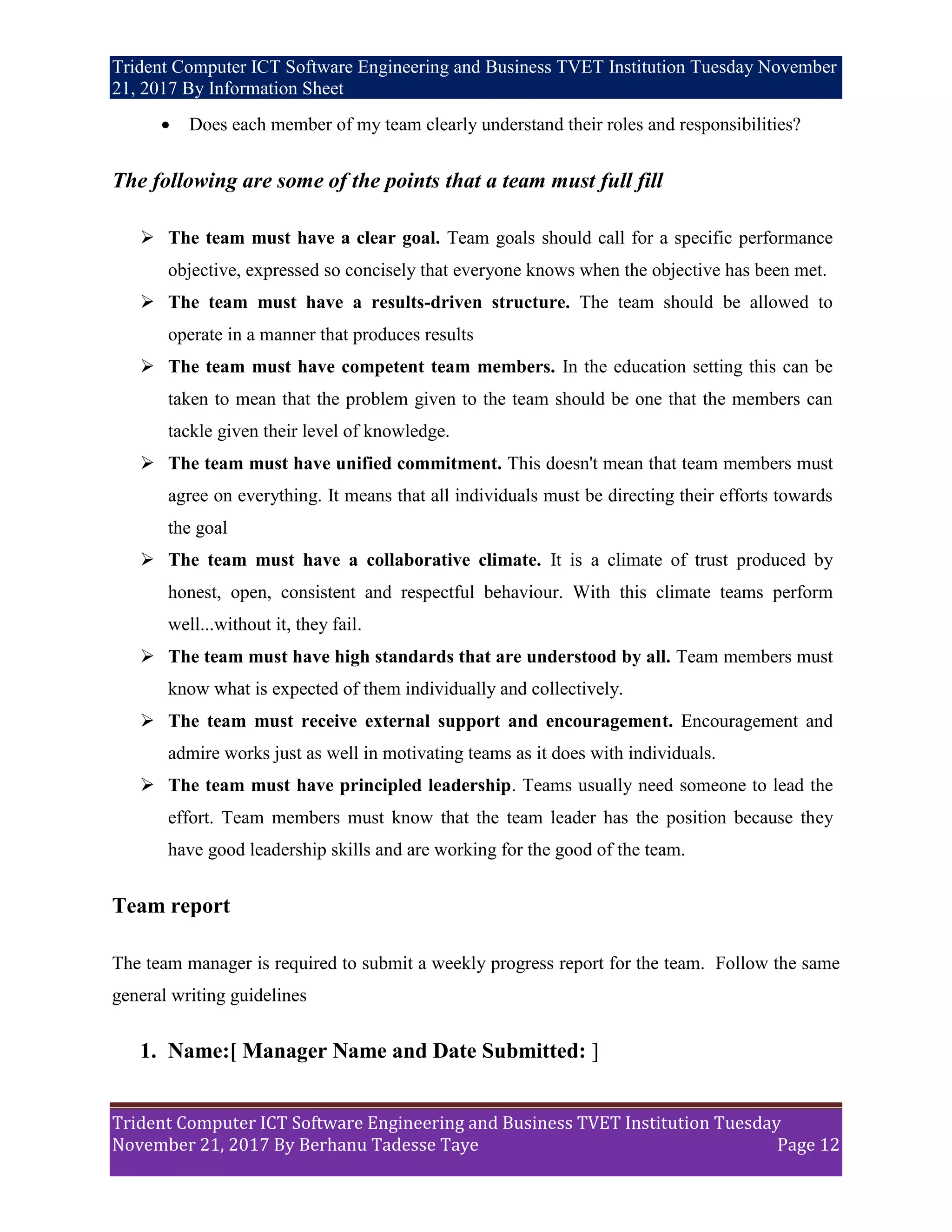 Information sheet work in team enviroment berhanu tadesse | PDF ...