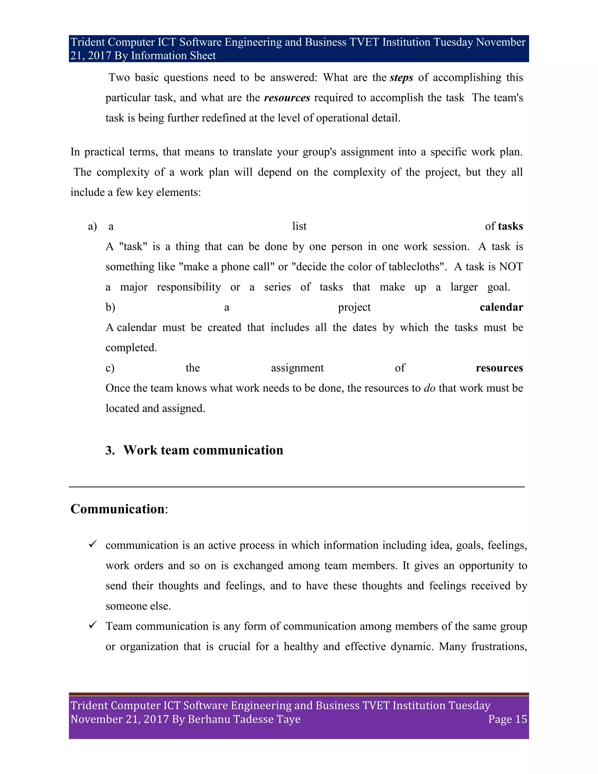 Information sheet work in team enviroment berhanu tadesse | PDF ...