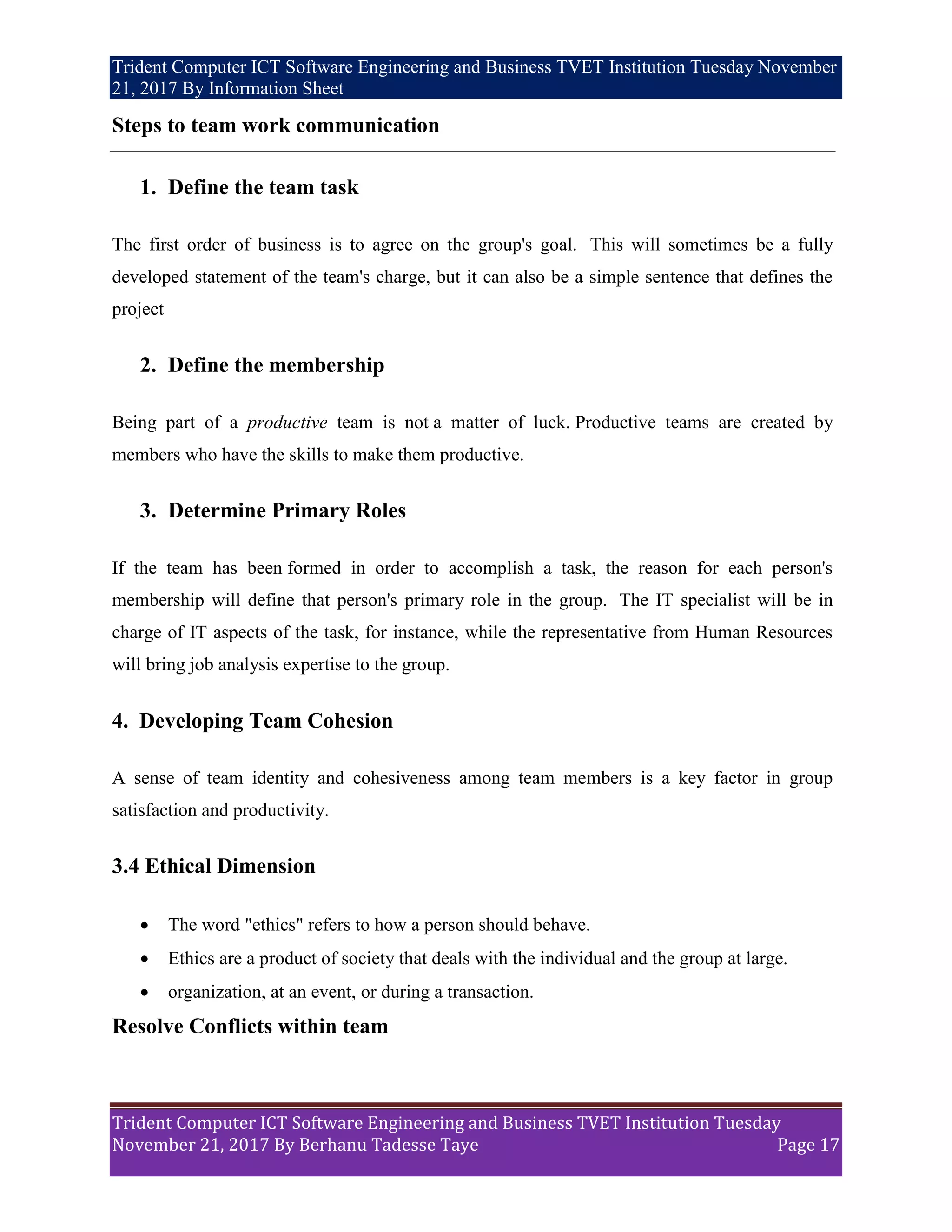 Information sheet work in team enviroment berhanu tadesse | PDF