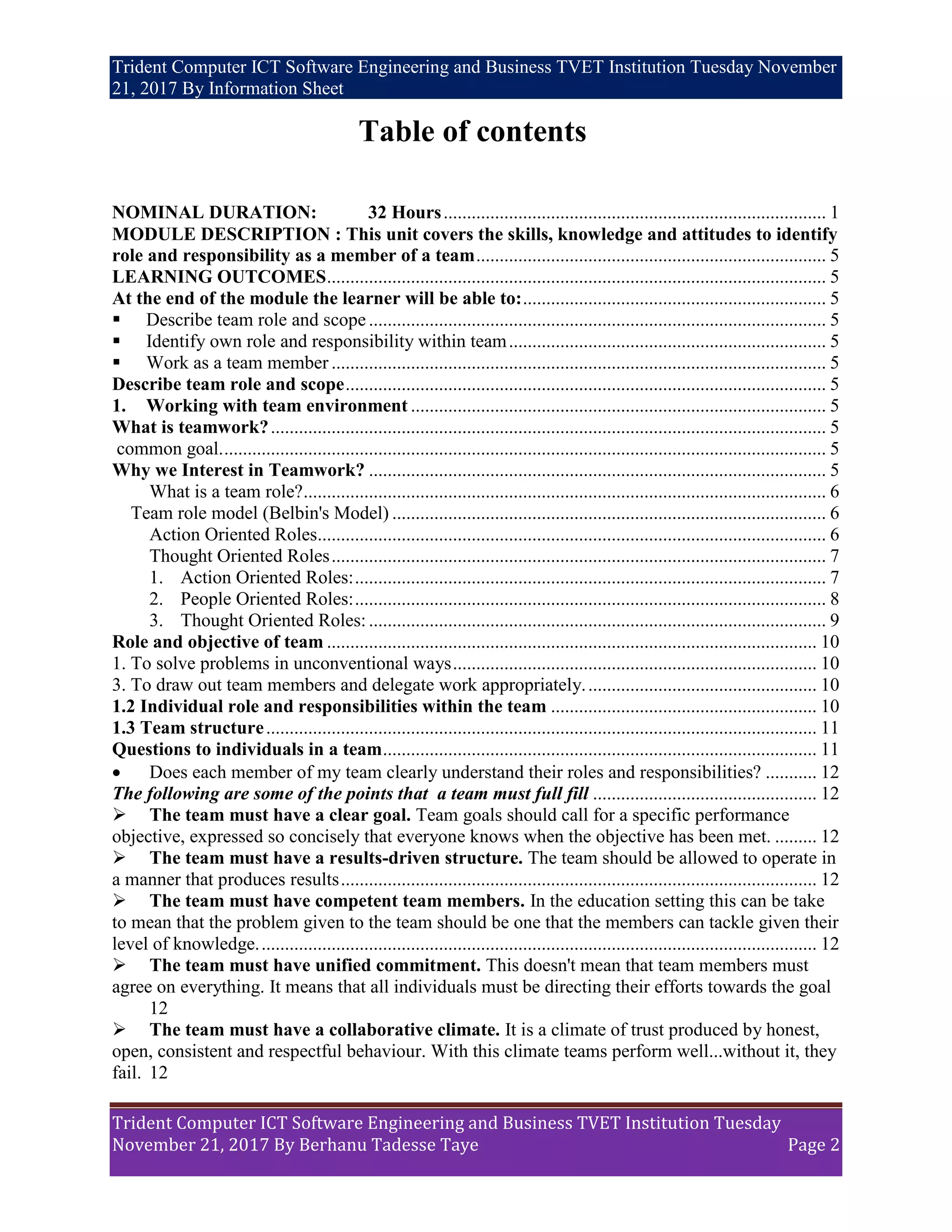 Information sheet work in team enviroment berhanu tadesse | PDF ...