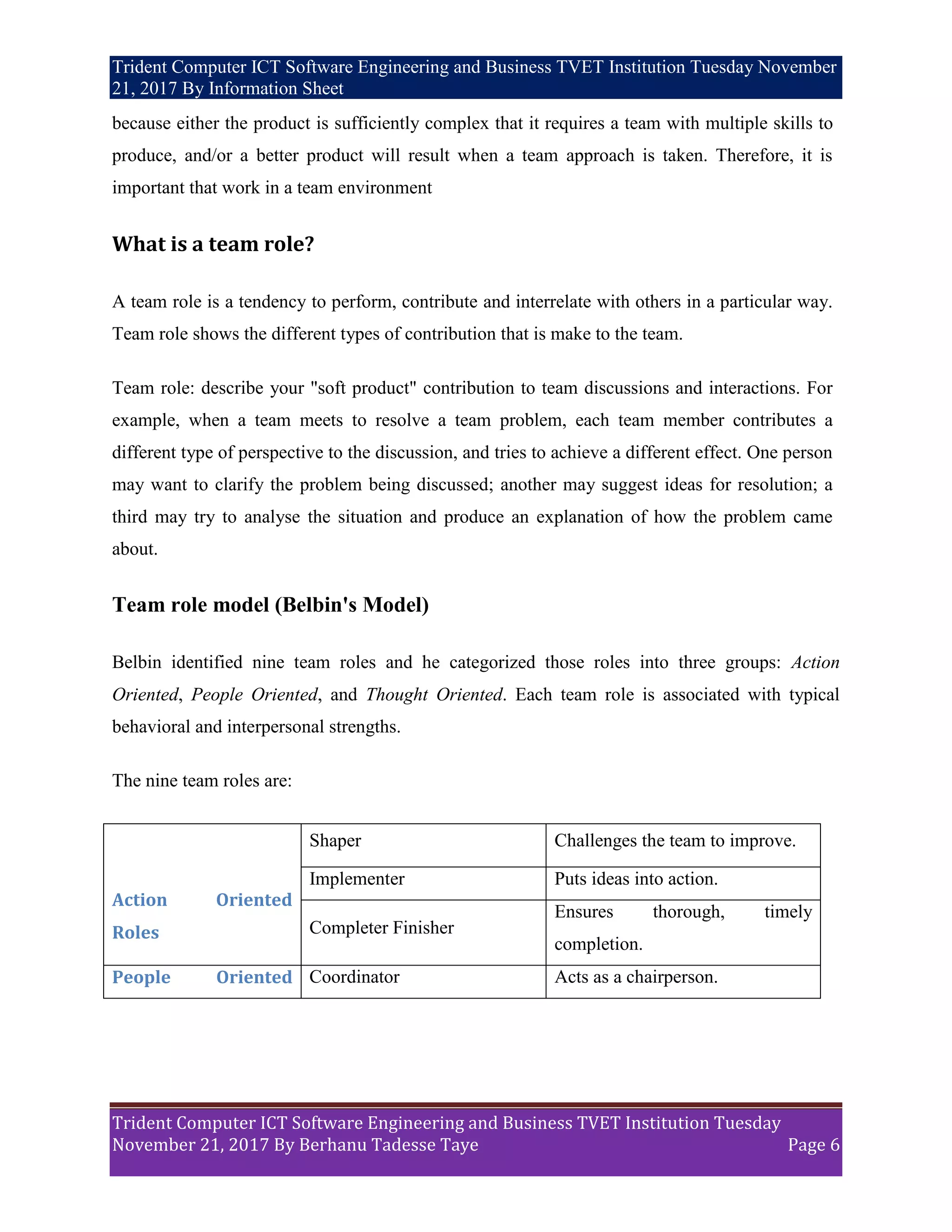 Information sheet work in team enviroment berhanu tadesse | PDF ...